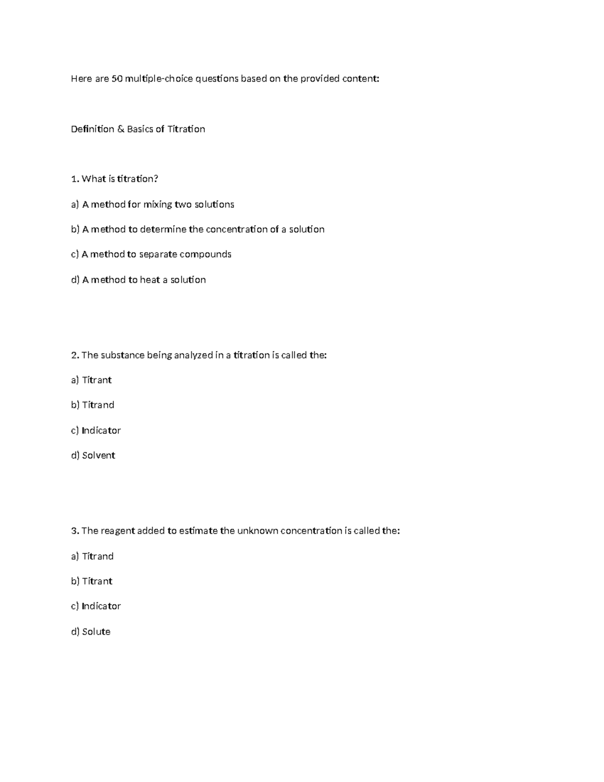 Titration MCQs and Fill-in-the-Blank Questions - 50 Questions & Answers ...