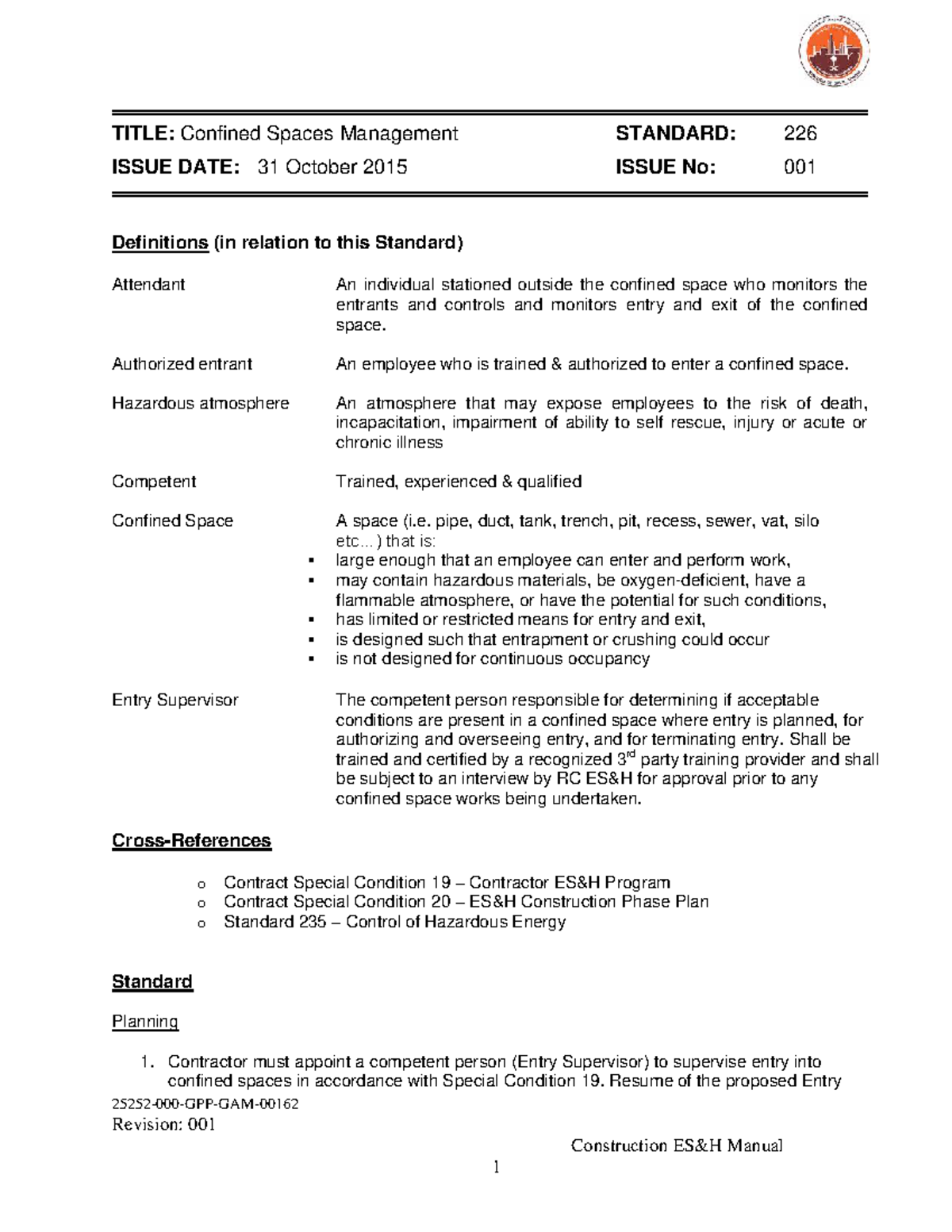 Confined Spaces Management Standard 226 - Construction Manual Revision ...