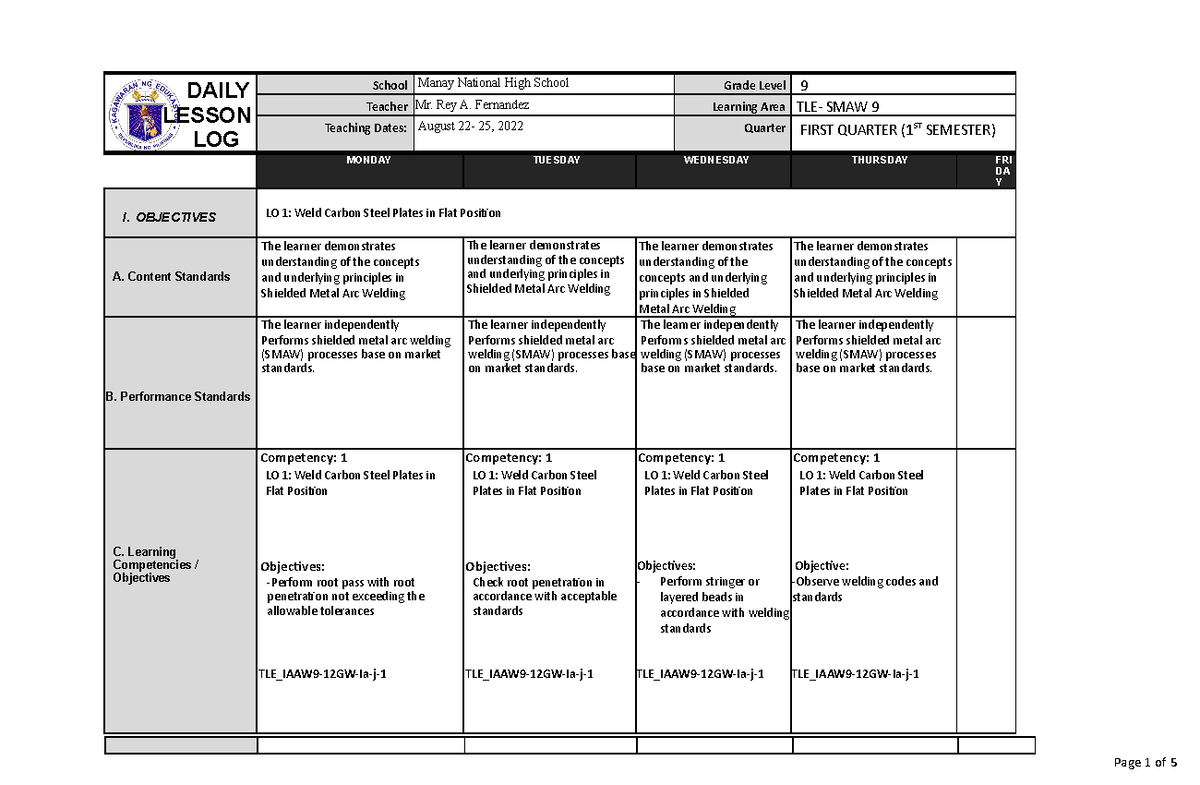 SMAW 9 Lesson Log for Week 1: Objectives & Learning Activities - Studocu