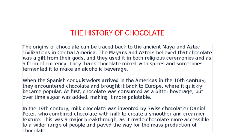HIST 101: The Sweet Evolution of Chocolate Through the Ages - Studocu