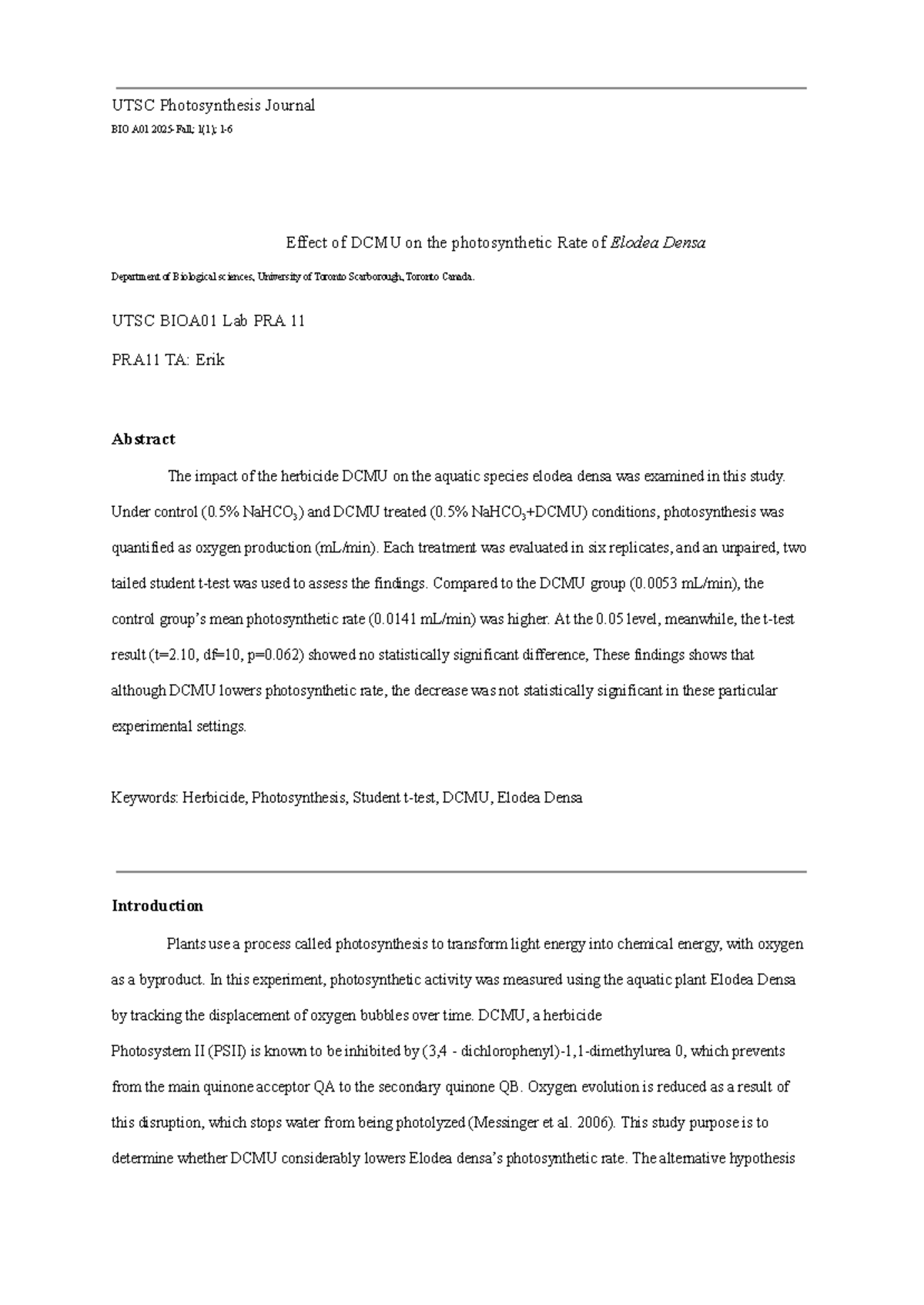 UTSC BIO A01 Lab Report: Impact of DCMU on Elodea Densa Photosynthesis ...