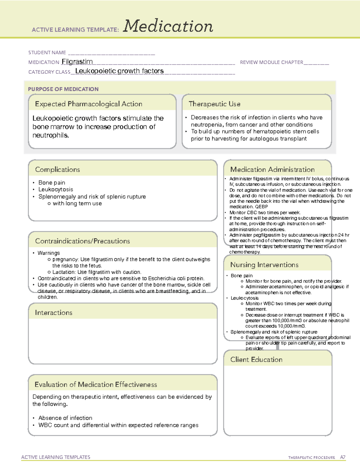 Filgrastim - Medication Sheet outlining details about the medication ...