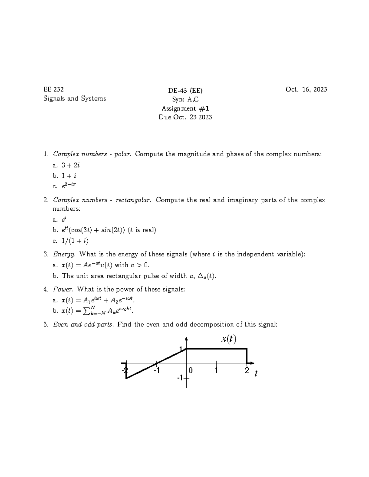 EE 232 Signals and Systems Assignment 1: Complex Numbers & Signal Analysis - Studocu