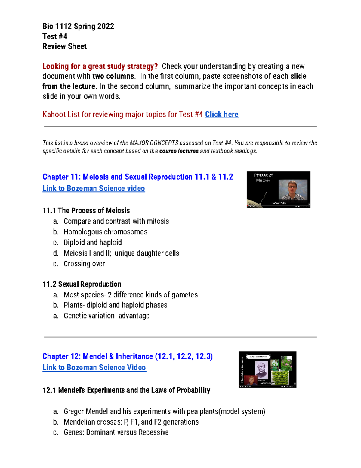 Bio II (Bio 1112) Test #4 Review Sheet: Key Concepts & Strategies - Studocu