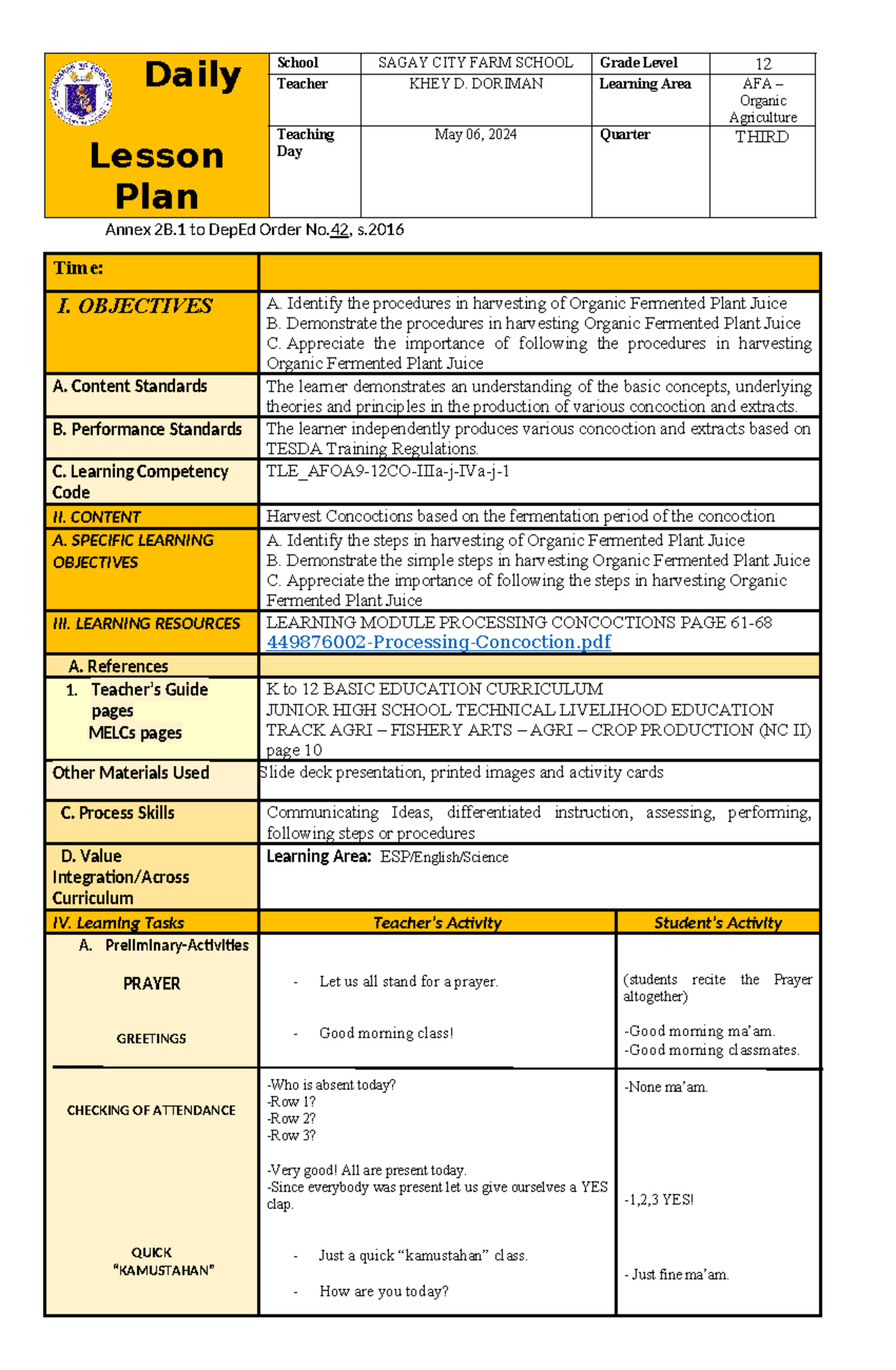 Lesson Plan on Harvesting Organic Fermented Plant Juice - AFA 12 - Studocu