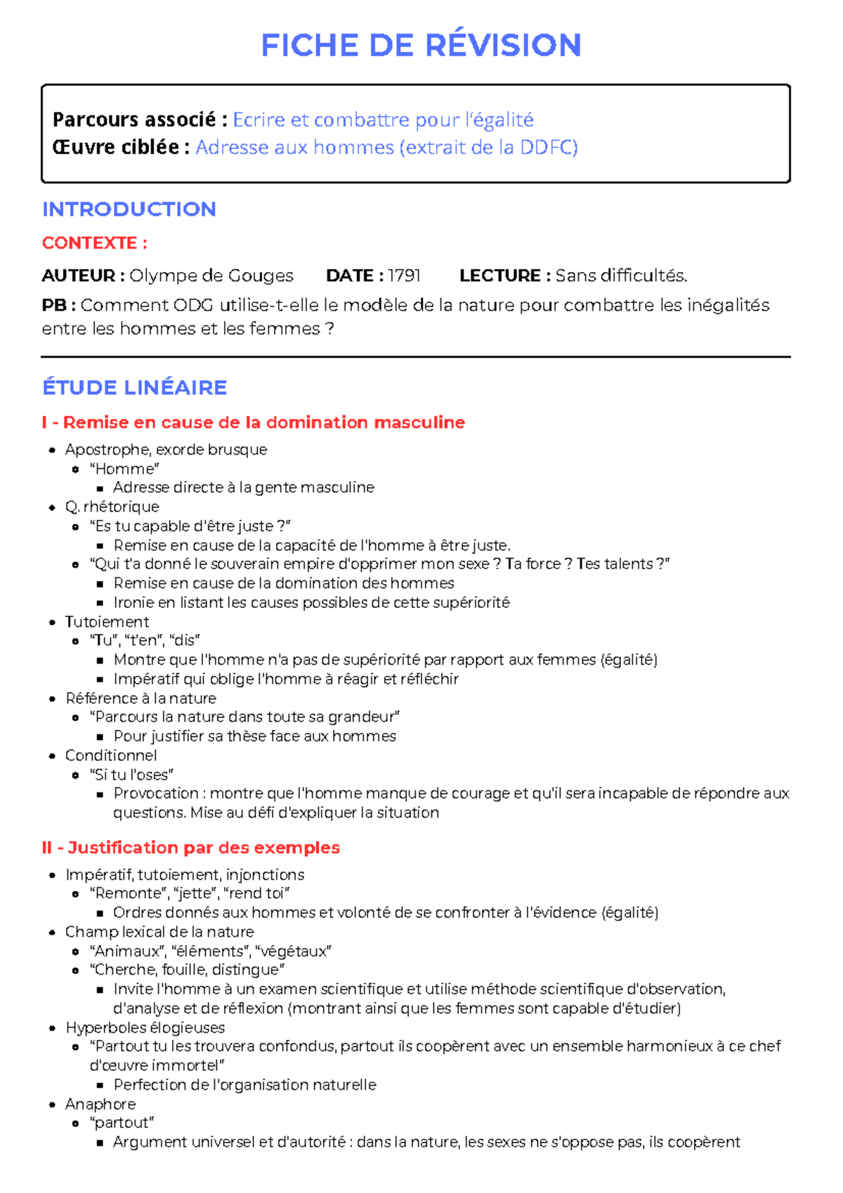 Révision de l'extrait de la DDFC : Olympe de Gouges et l'Égalité - Studocu