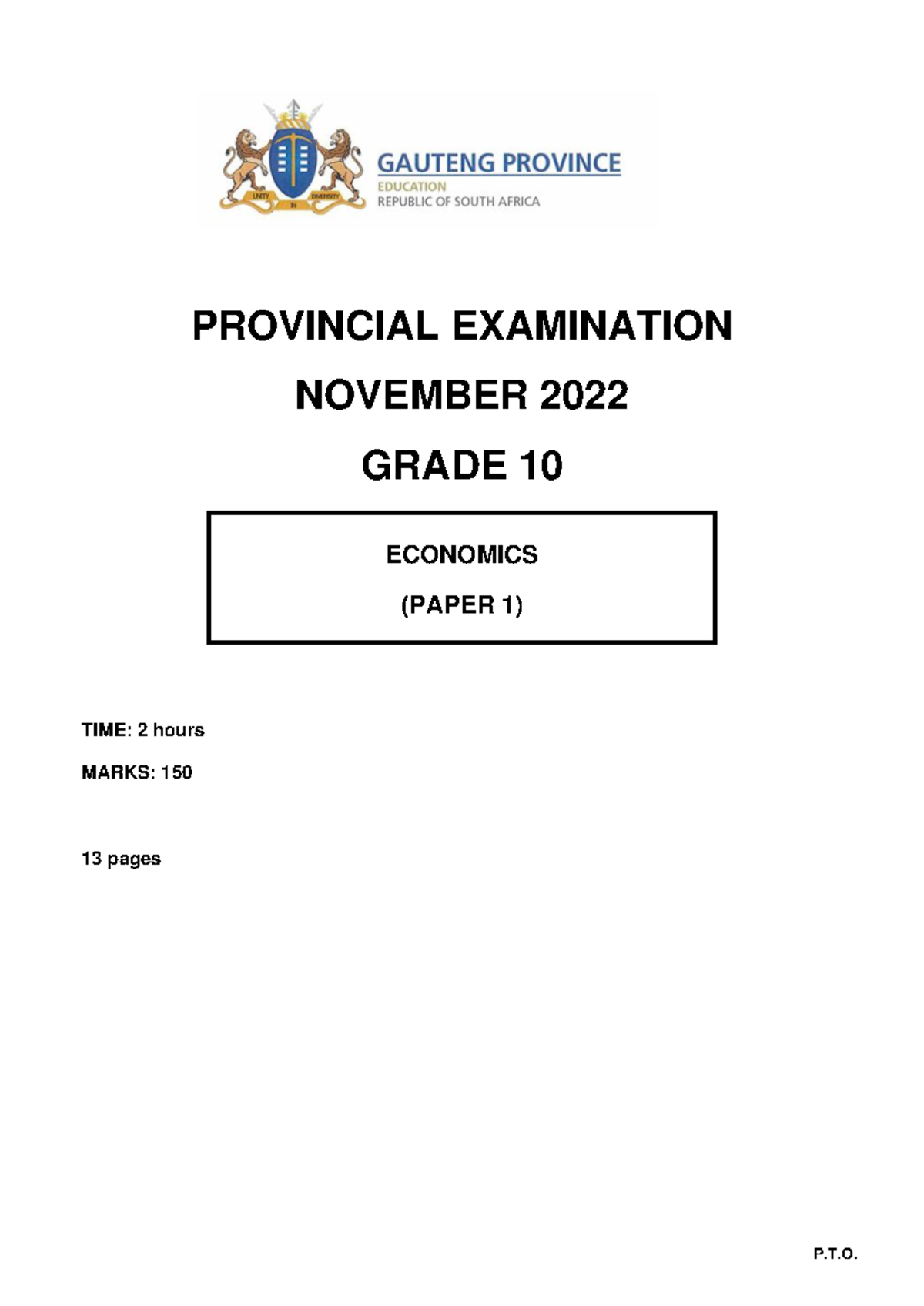 Grade 10 Economics P1 (English) Nov 2022 Question Paper ...