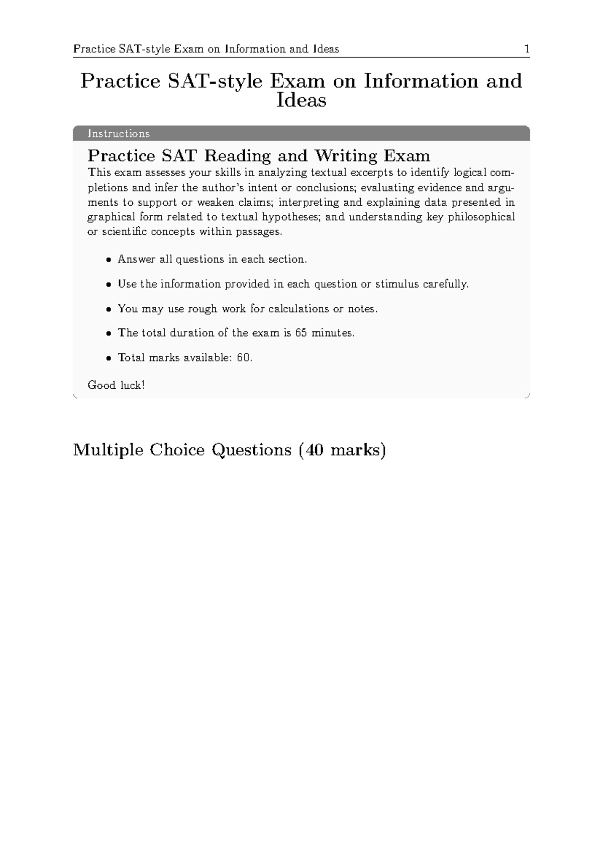 Practice SAT Reading & Writing Exam: Information & Ideas Review - Studocu