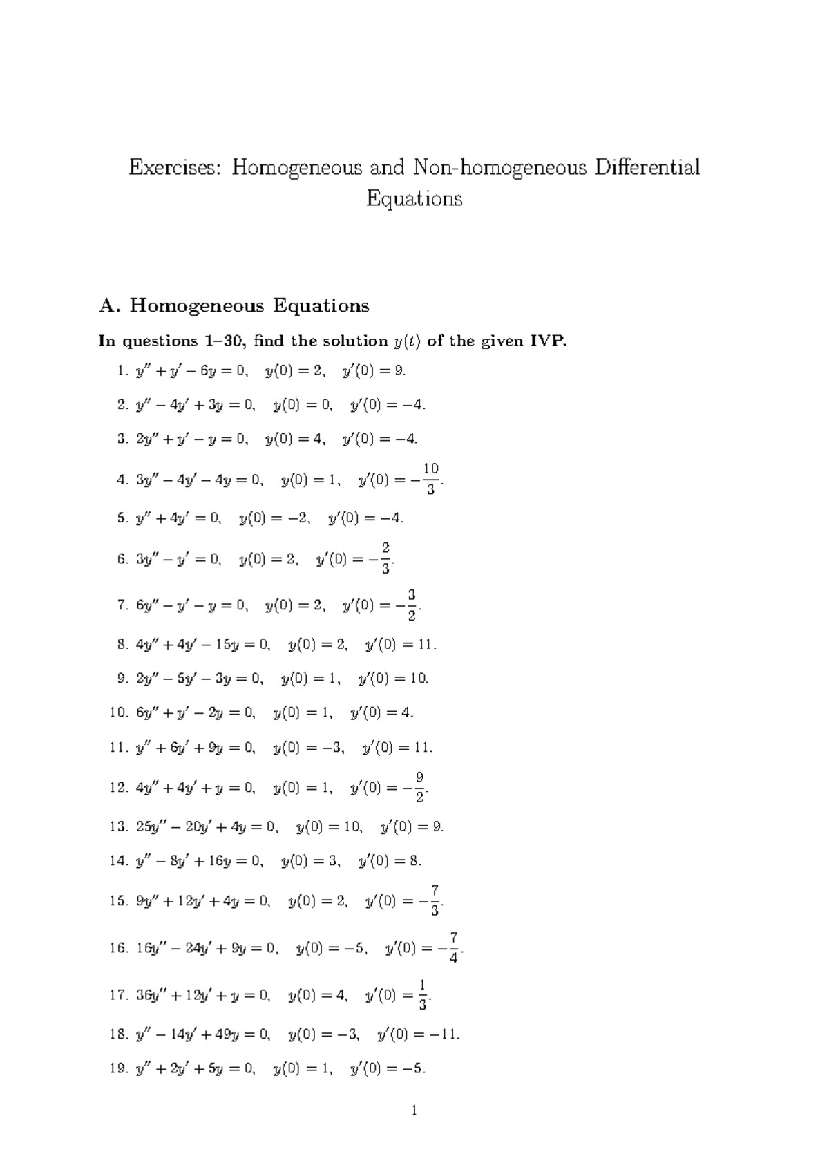 Homogeneous Equations Practice Exercises: Differential Equations A ...