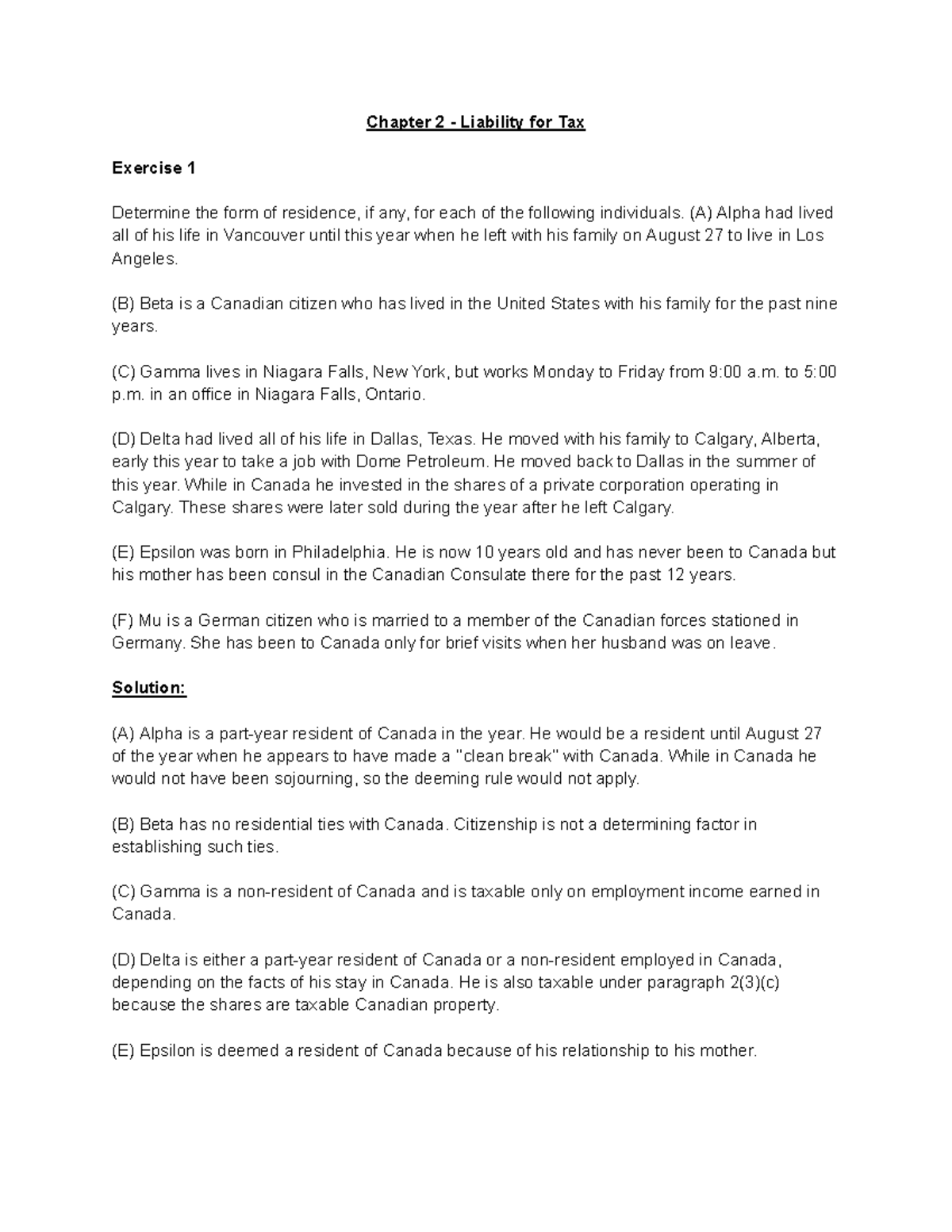 Chapter 2 - Liability for Tax: Residence Determination Exercises - Studocu