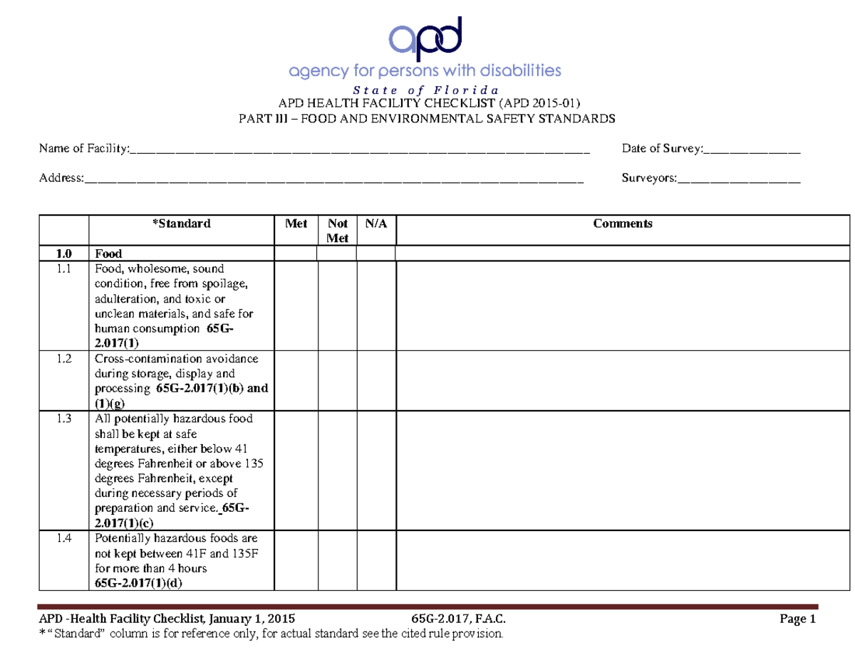 APD Health Facility Checklist: Food & Environmental Safety Standards ...
