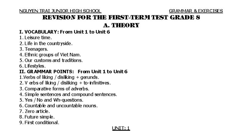 Grade 8 English Grammar Revision for Test: Units 1-6 - Studocu
