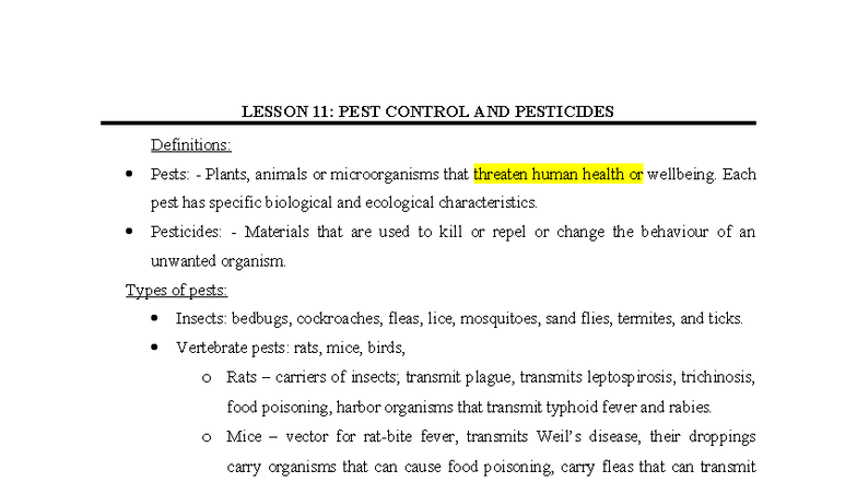 LESSON 11: PEST CONTROL & PESTICIDES - ENV 112 A B Highlights - Studocu
