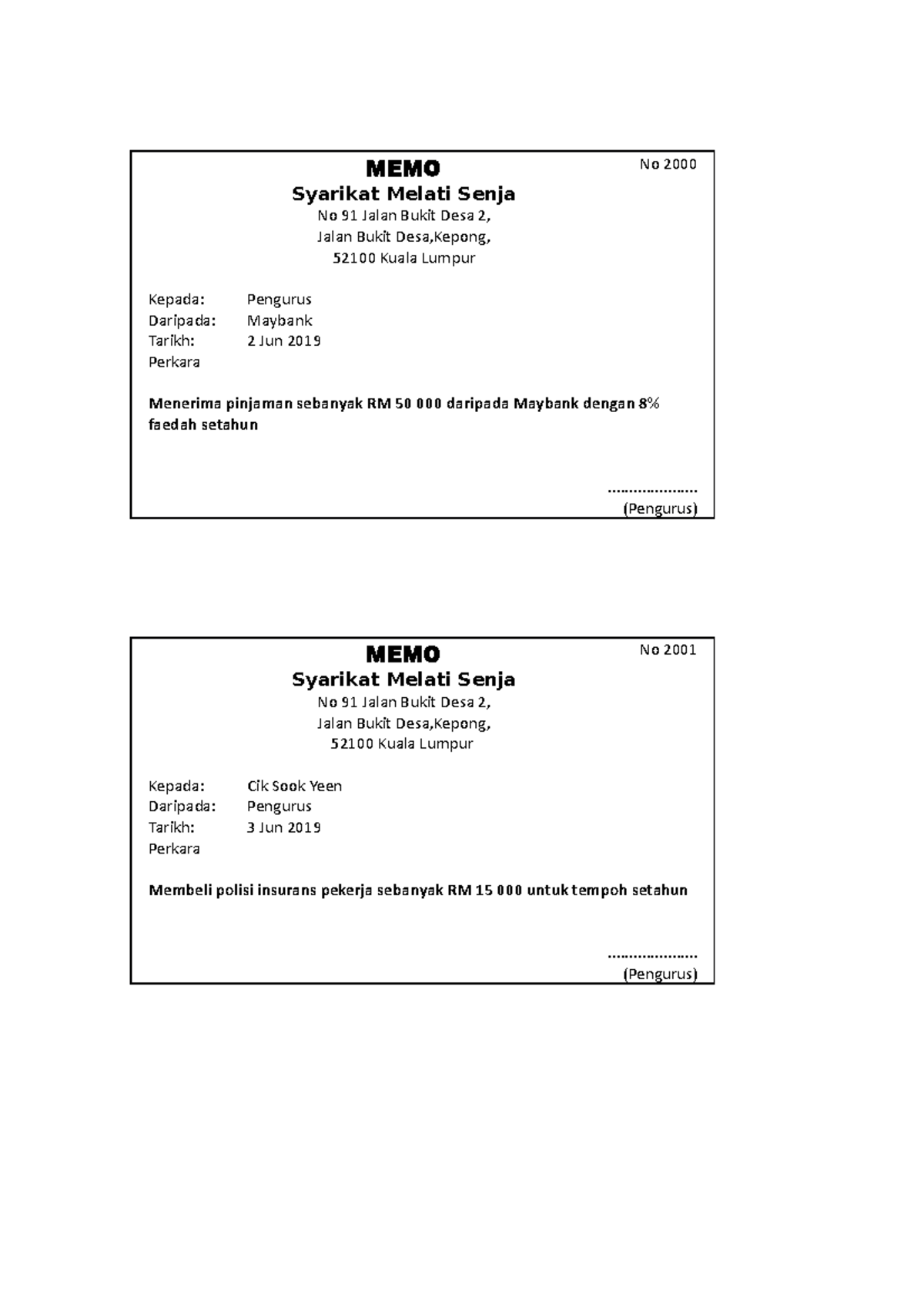 Account Documents - examples of STPM assignment 2019 - MEMO Syarikat ...