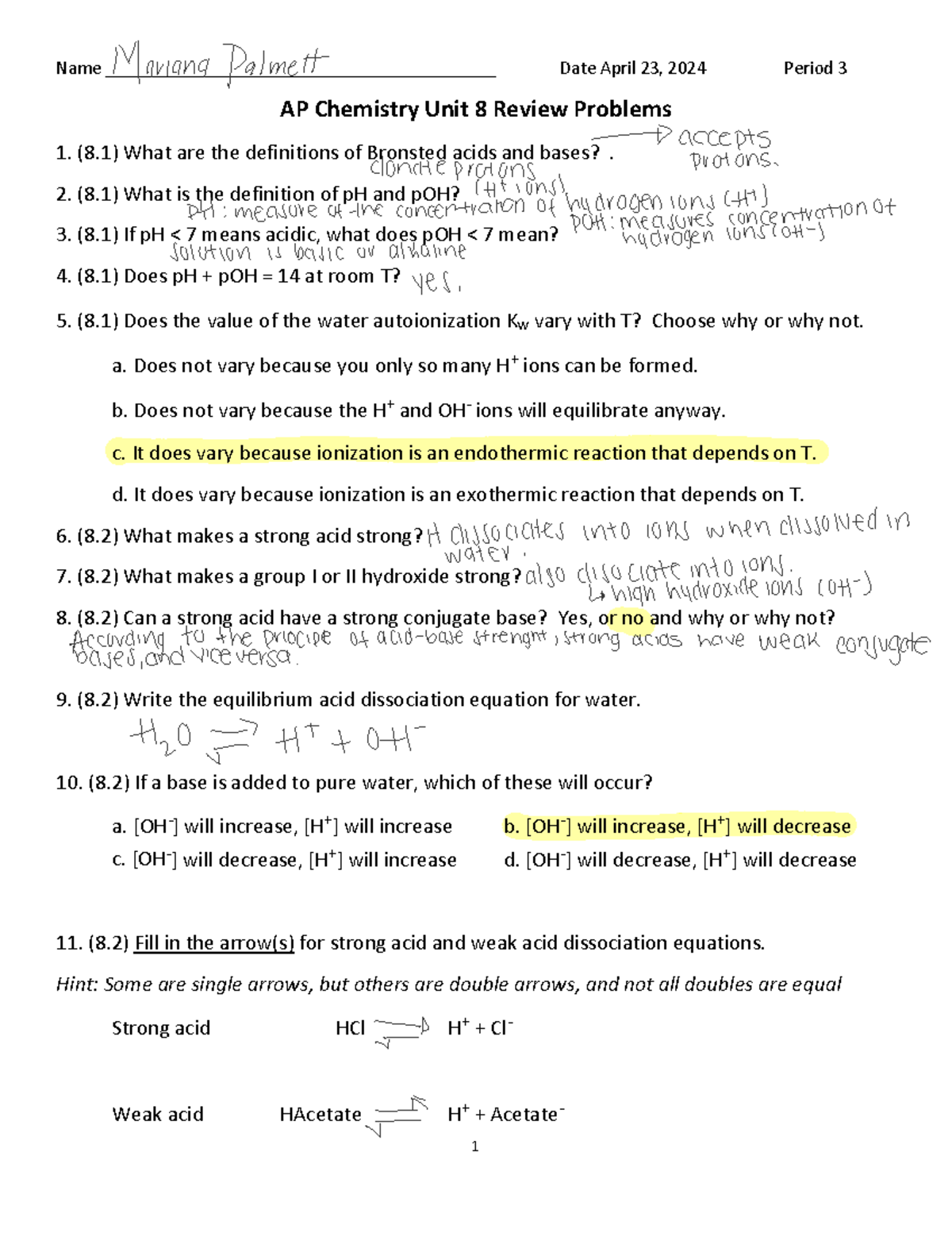 AP Chem Unit 8 Review Problems - Essential Concepts and Questions - Studocu