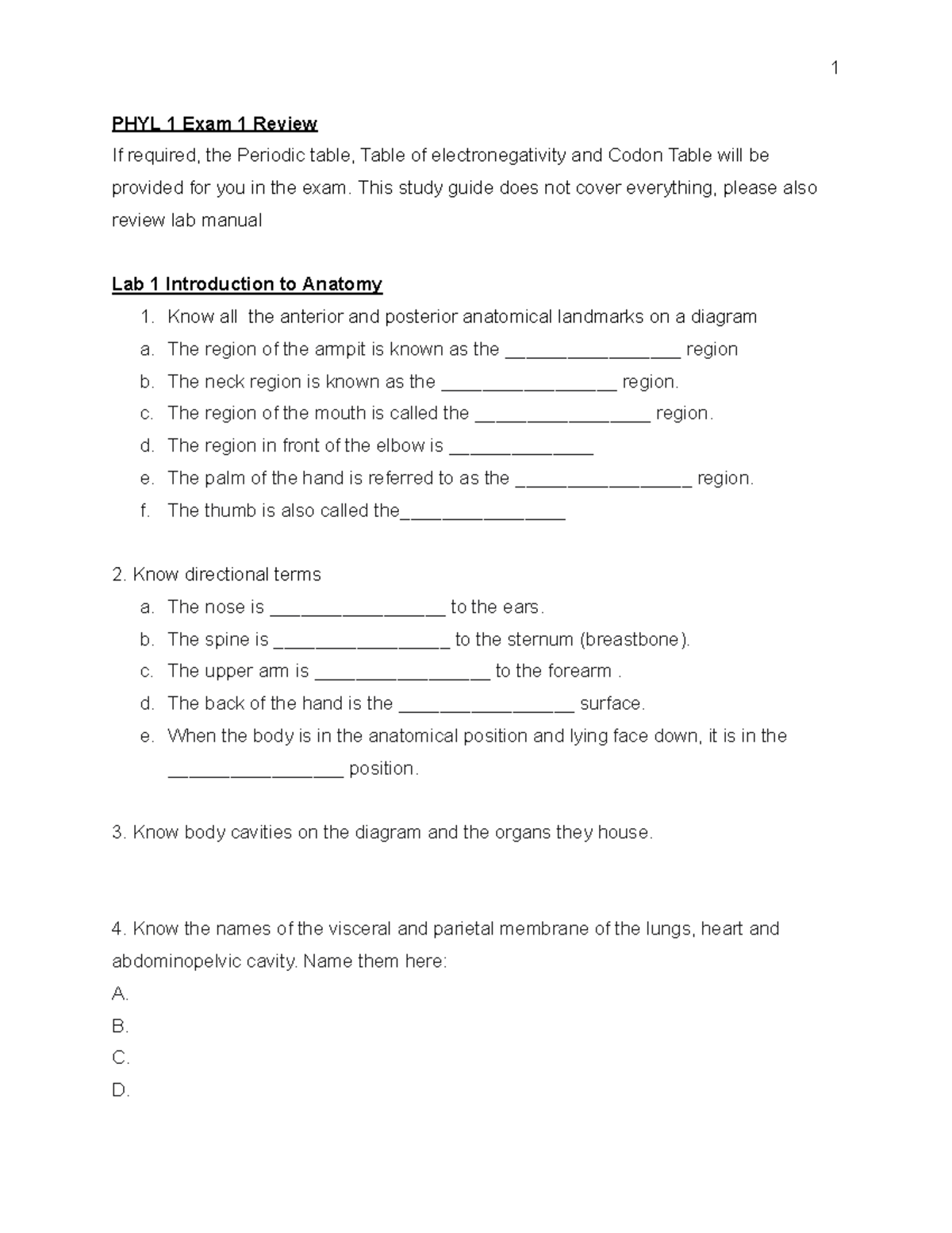 PHYL 141L Exam 1 Study Guide: Anatomy & Chemistry Concepts - Studocu