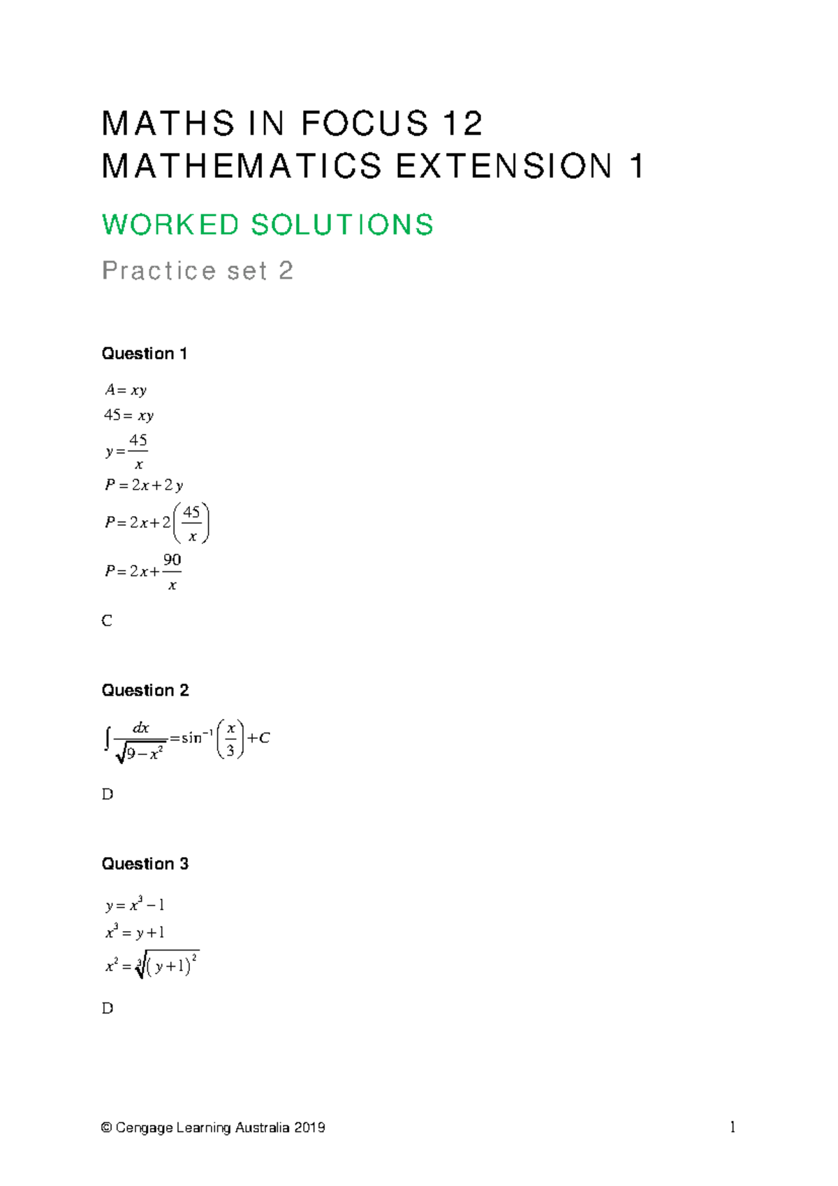 MATHS IN FOCUS 12: MATHEMATICS EXTENSION 1 Worked Solutions - Studocu