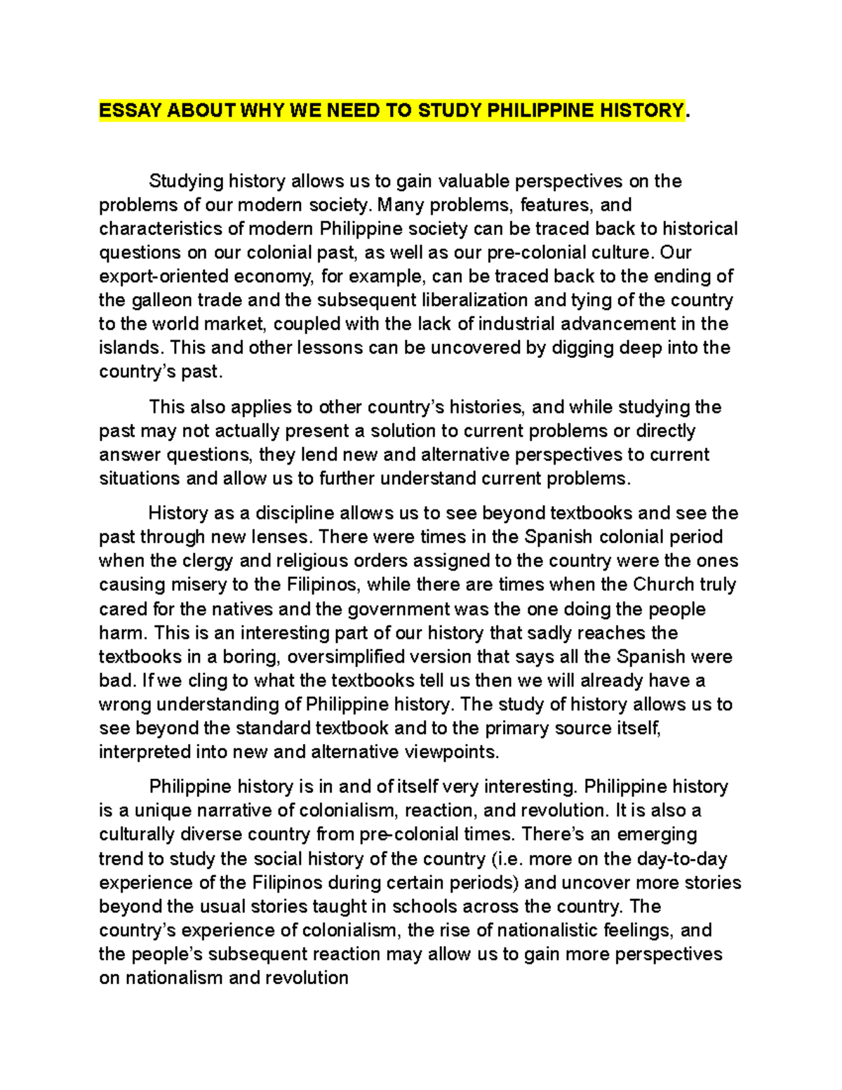 Essay on the Importance of Studying Philippine History - Studocu