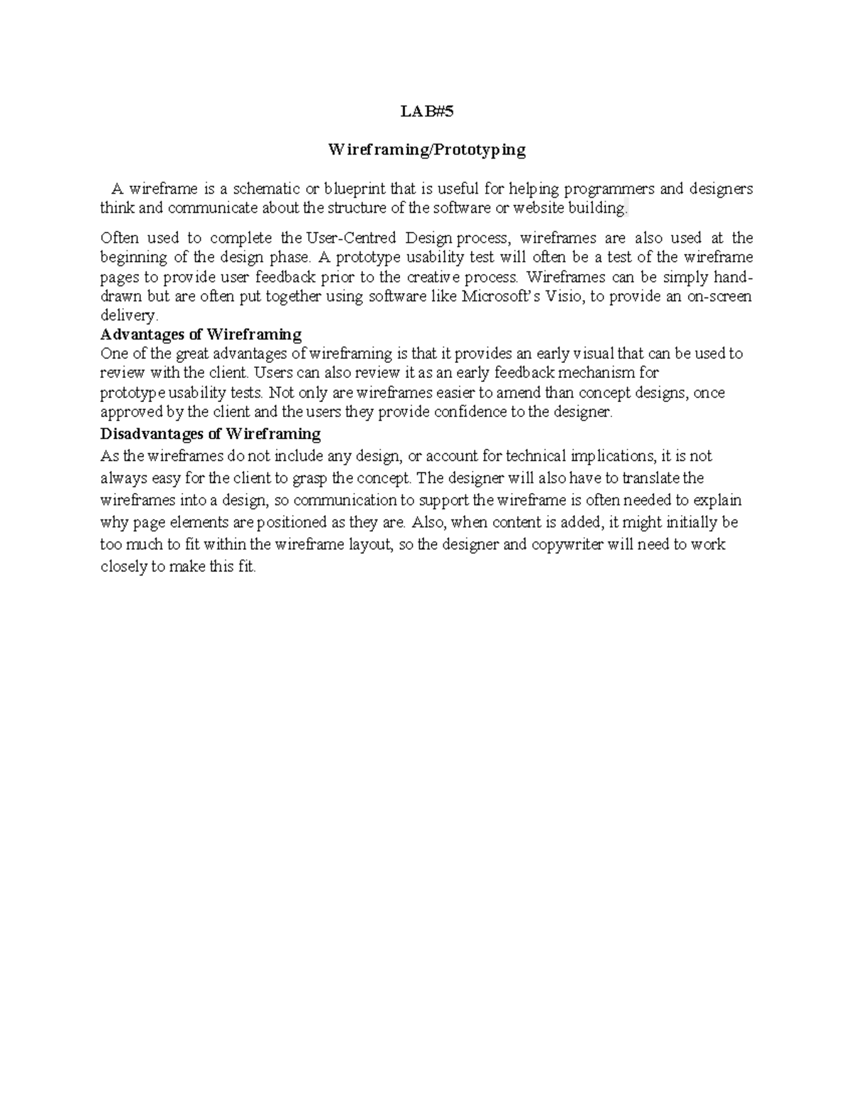 Lab 5 - hci lab - LAB# Wireframing/Prototyping A wireframe is a ...