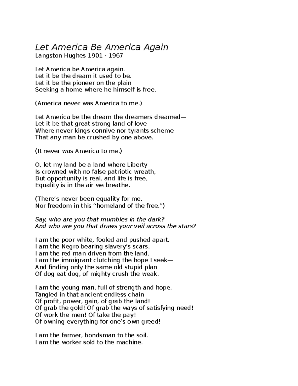Langston Hughes: Let America Be America Again - Poem Analysis - Studocu