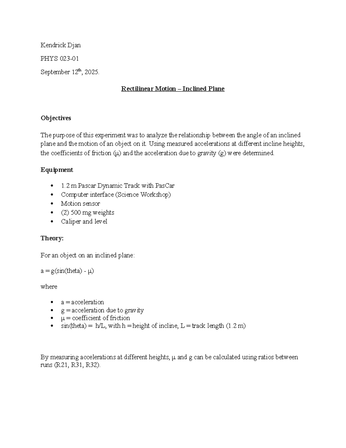 PHYS 101 Final Exam: Rectilinear Motion on Inclined Plane - Studocu