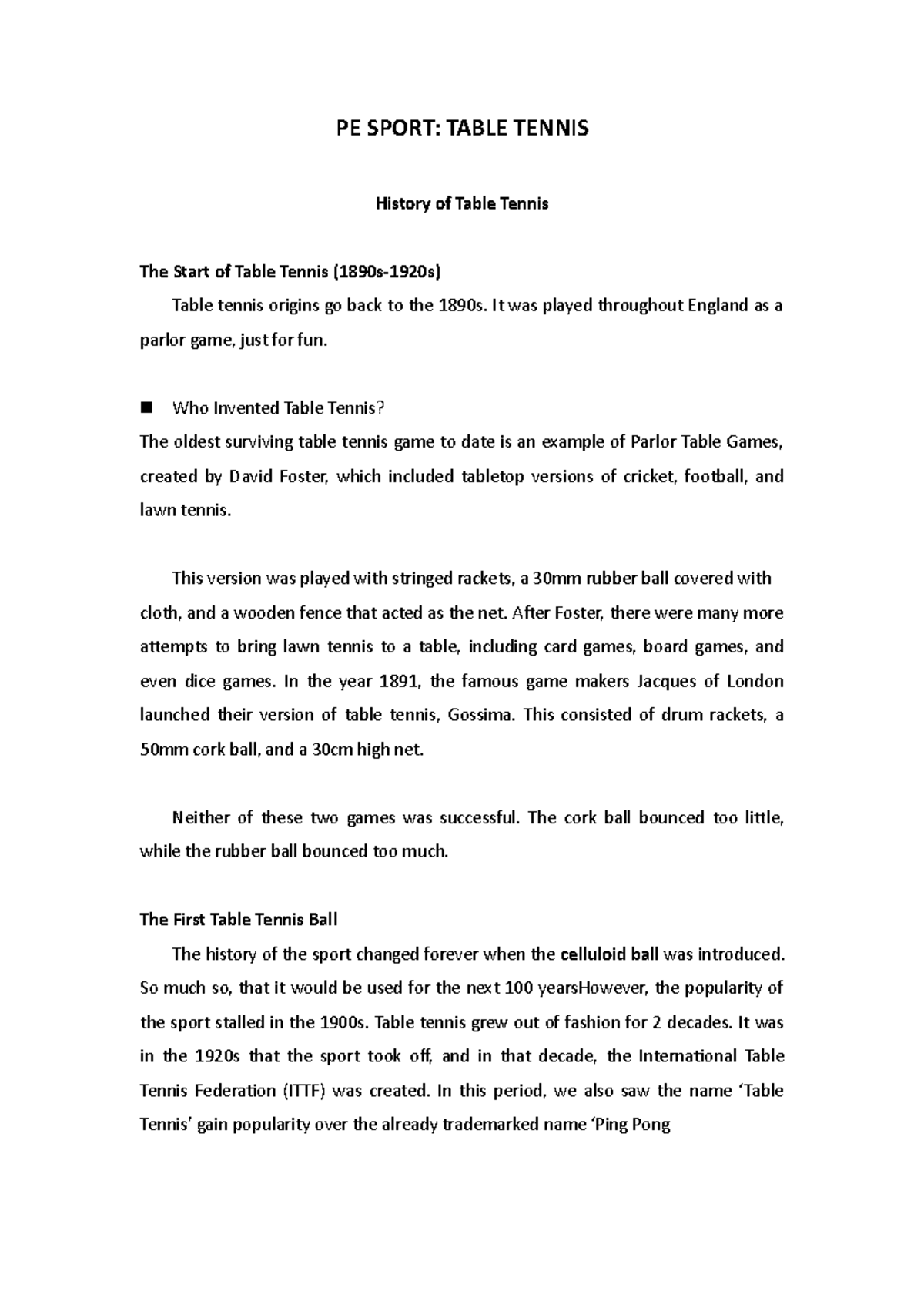 History OF Table Tennis - PE SPORT: TABLE TENNIS History of Table ...