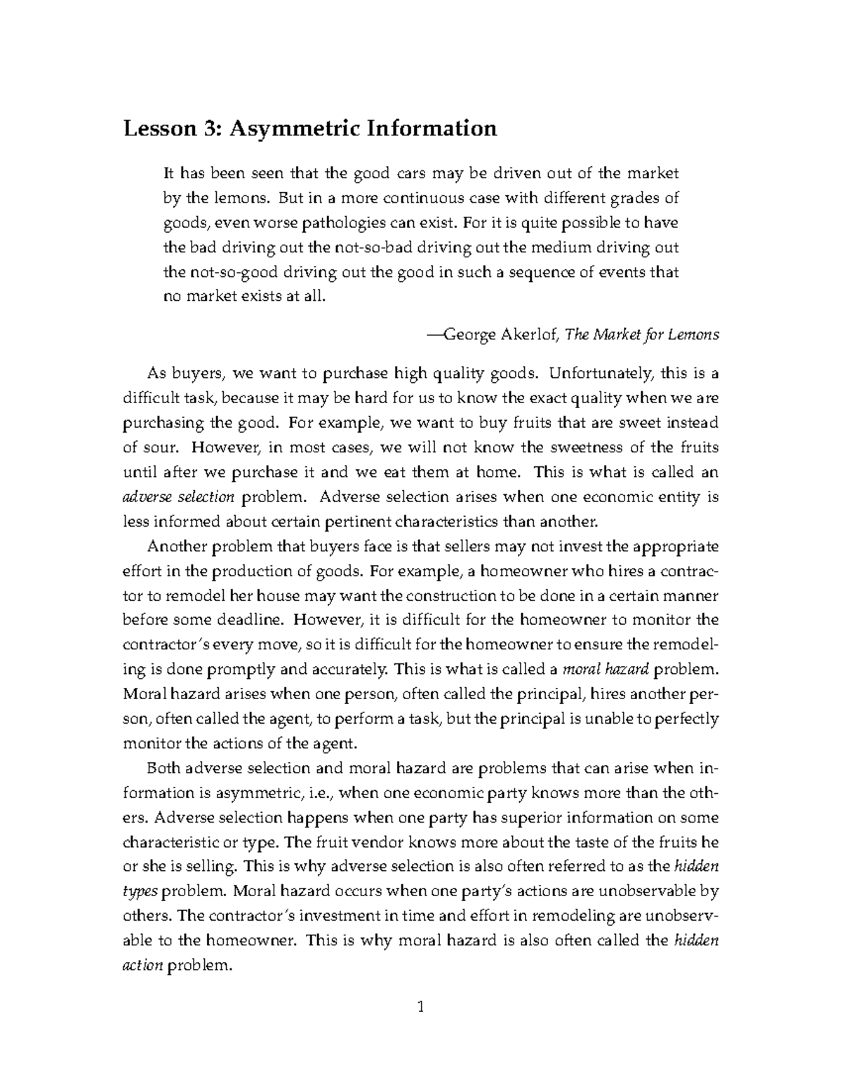 Asymmetric Information in Economics: Lesson 3 Insights - Studocu