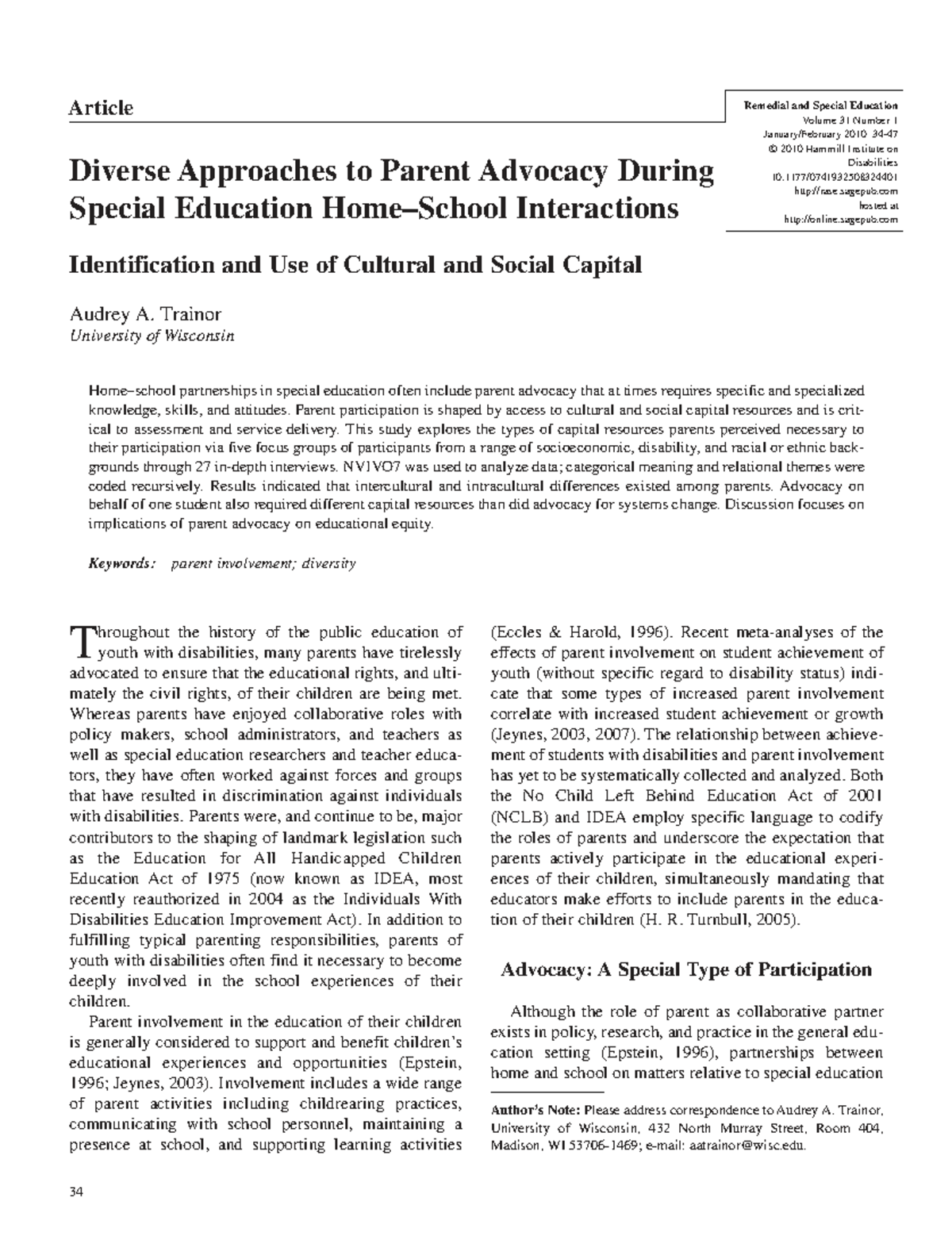Parent Advocacy Strategies in Special Education Processes (RSED 31:1 ...
