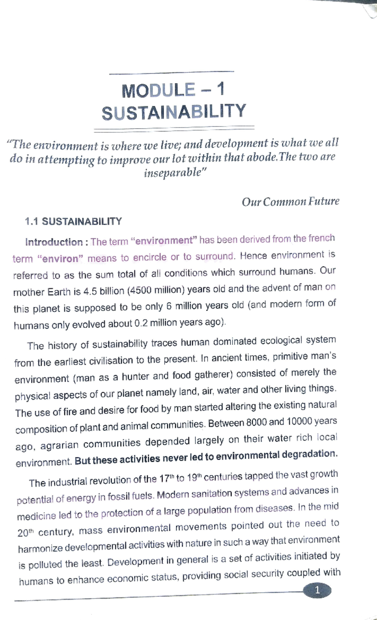 ISE-module 1 - notes - MODULE 1 SUSTAINABILITY environment is where we ...