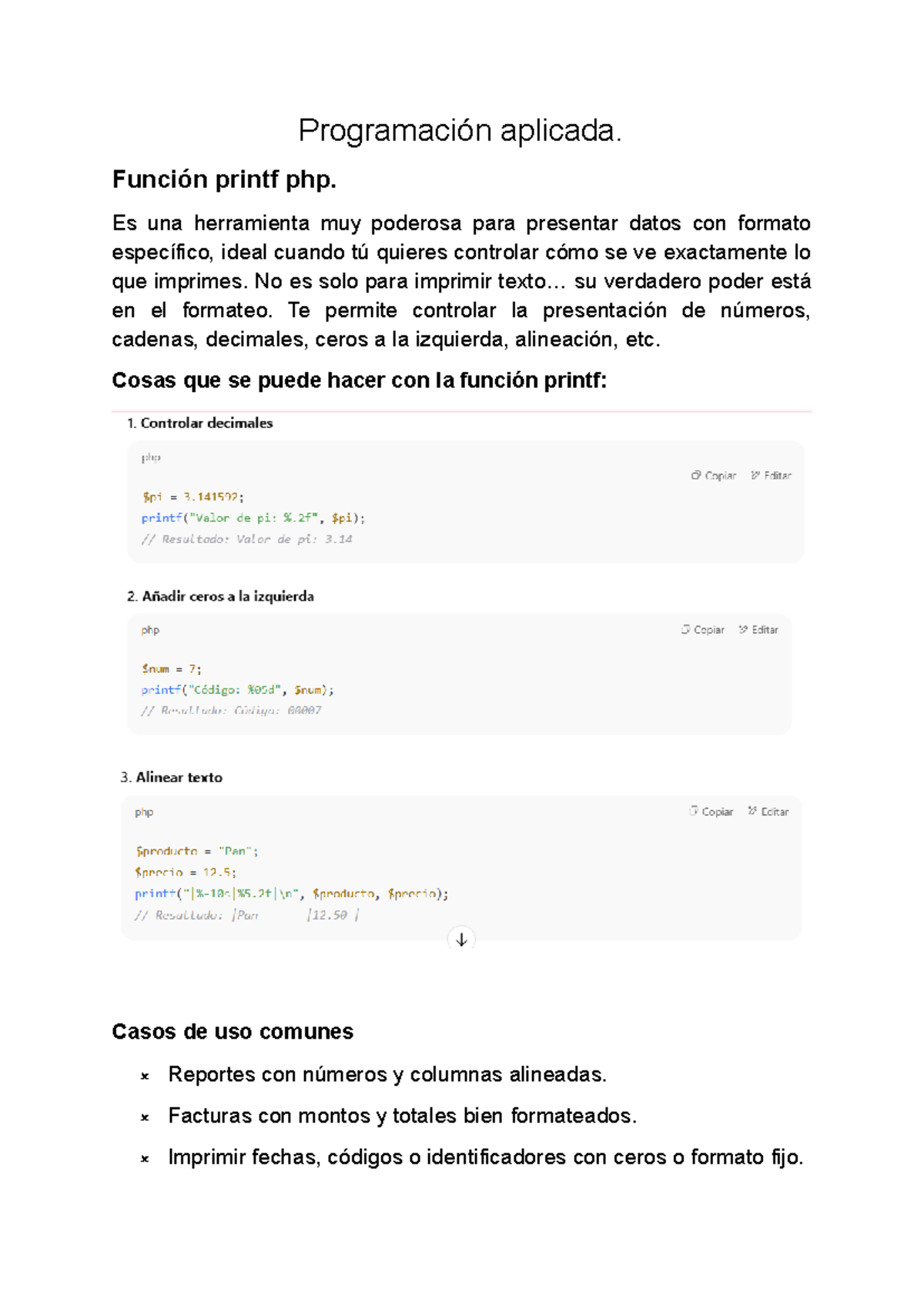 Programación Aplicada 2: Uso de printf en PHP y Formateo de Datos - Studocu