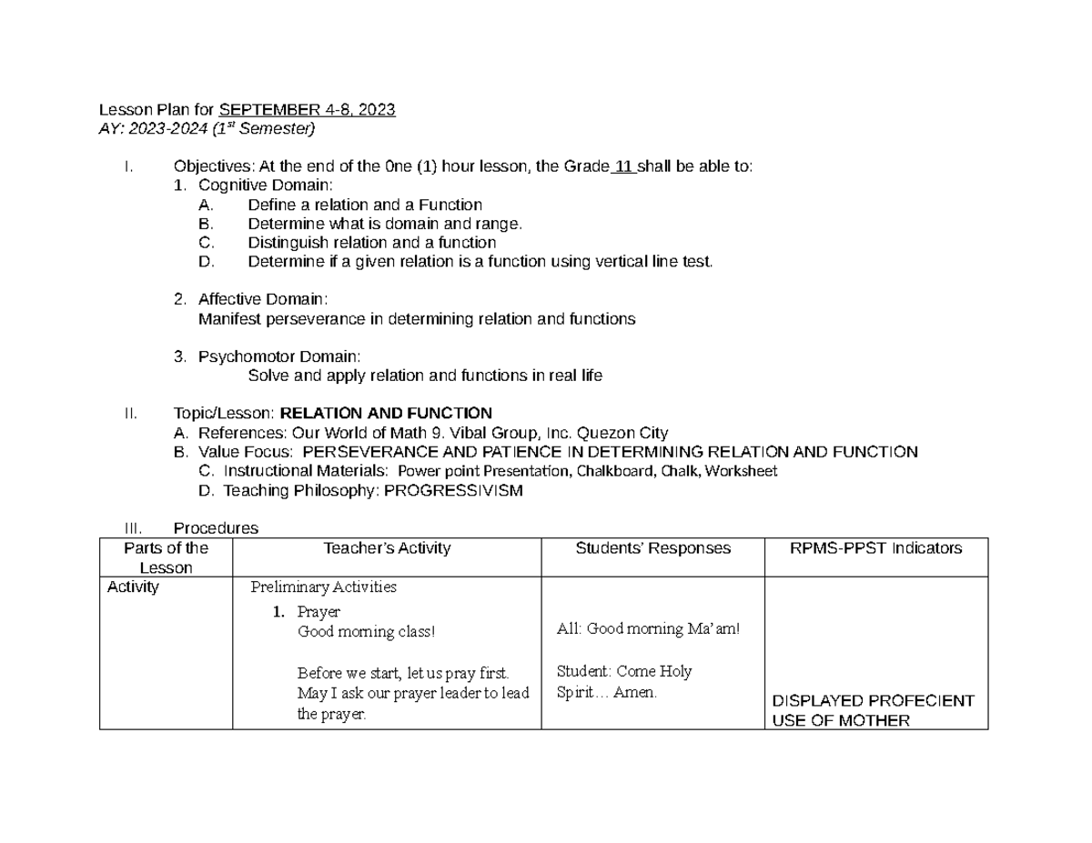 Lesson Plan: Understanding Relations and Functions (Grade 11, LP) - Studocu