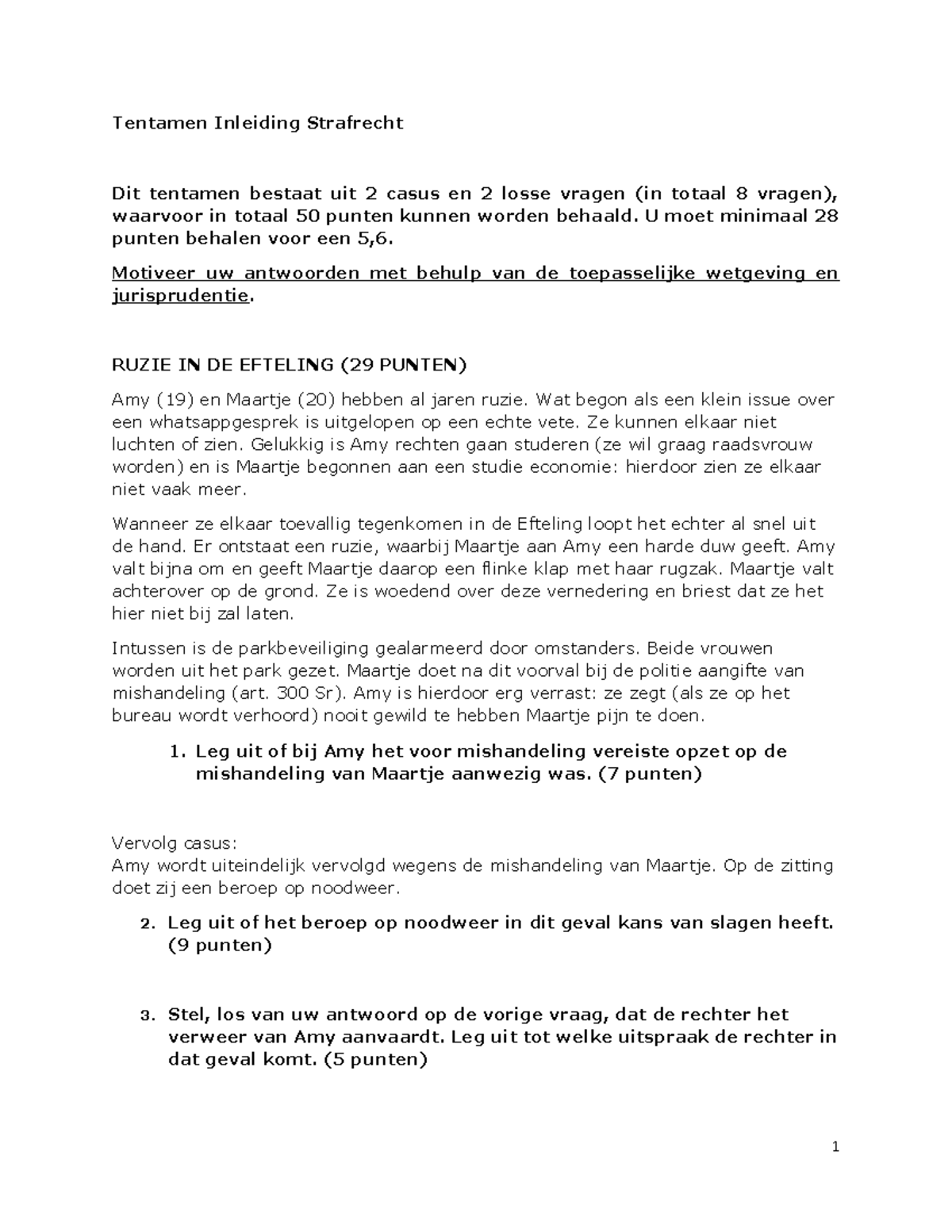 Tentamen Inleiding Strafrecht: Oefentoets 1 met Casus en Vragen ...