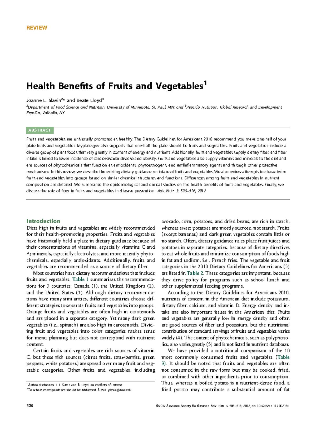 REVIEW Health Benefits of Fruits and Vegetables - Nutrition Study - Studocu