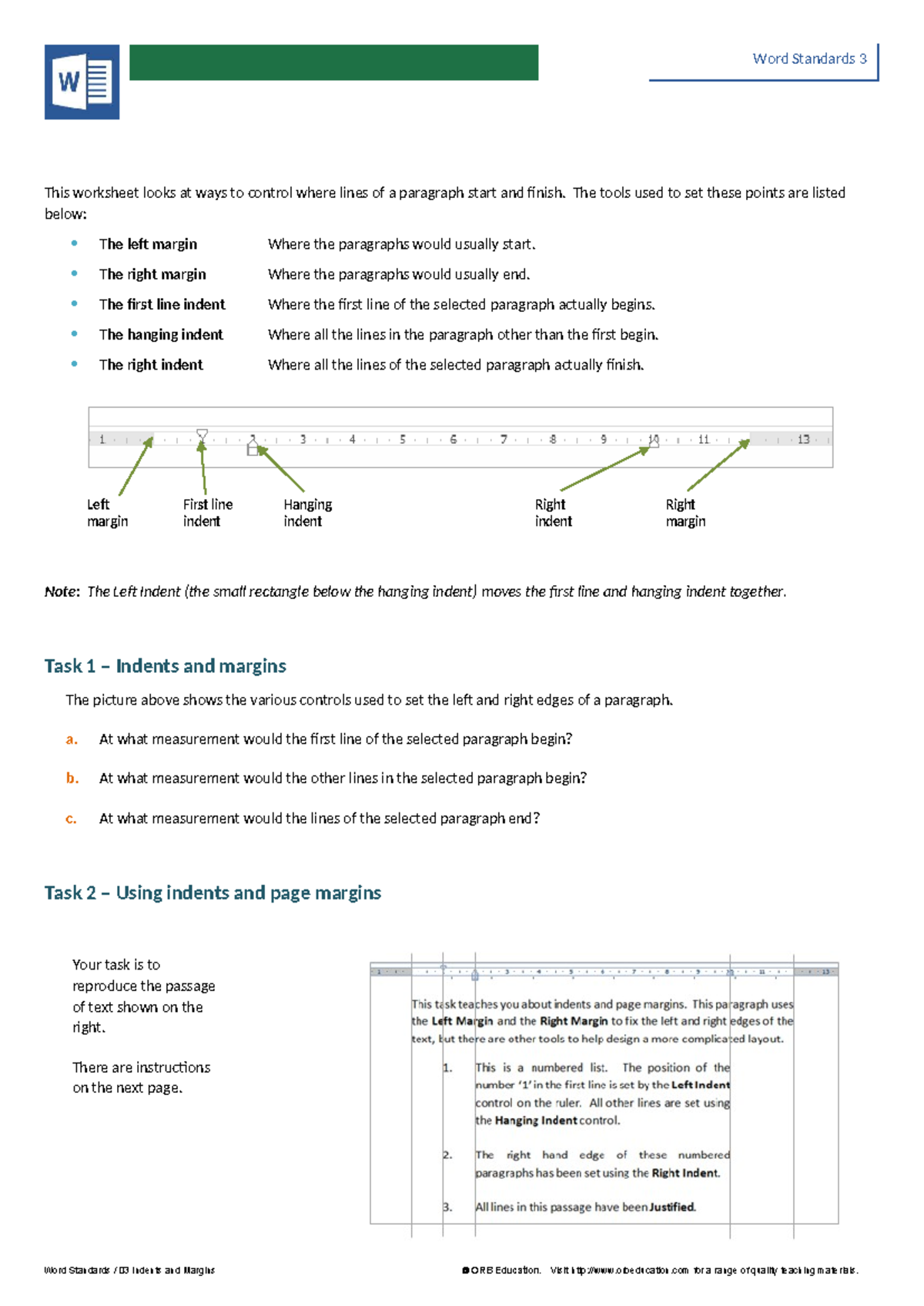 Word Standards 03: Indents and Margins Worksheet - Studocu