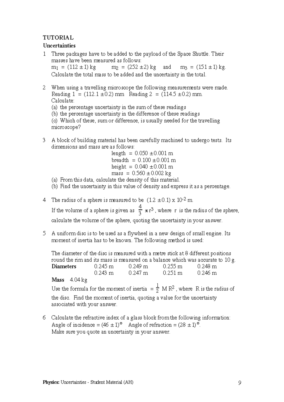Physics: Uncertainties - Tutorial and Solutions (AH) - Studocu