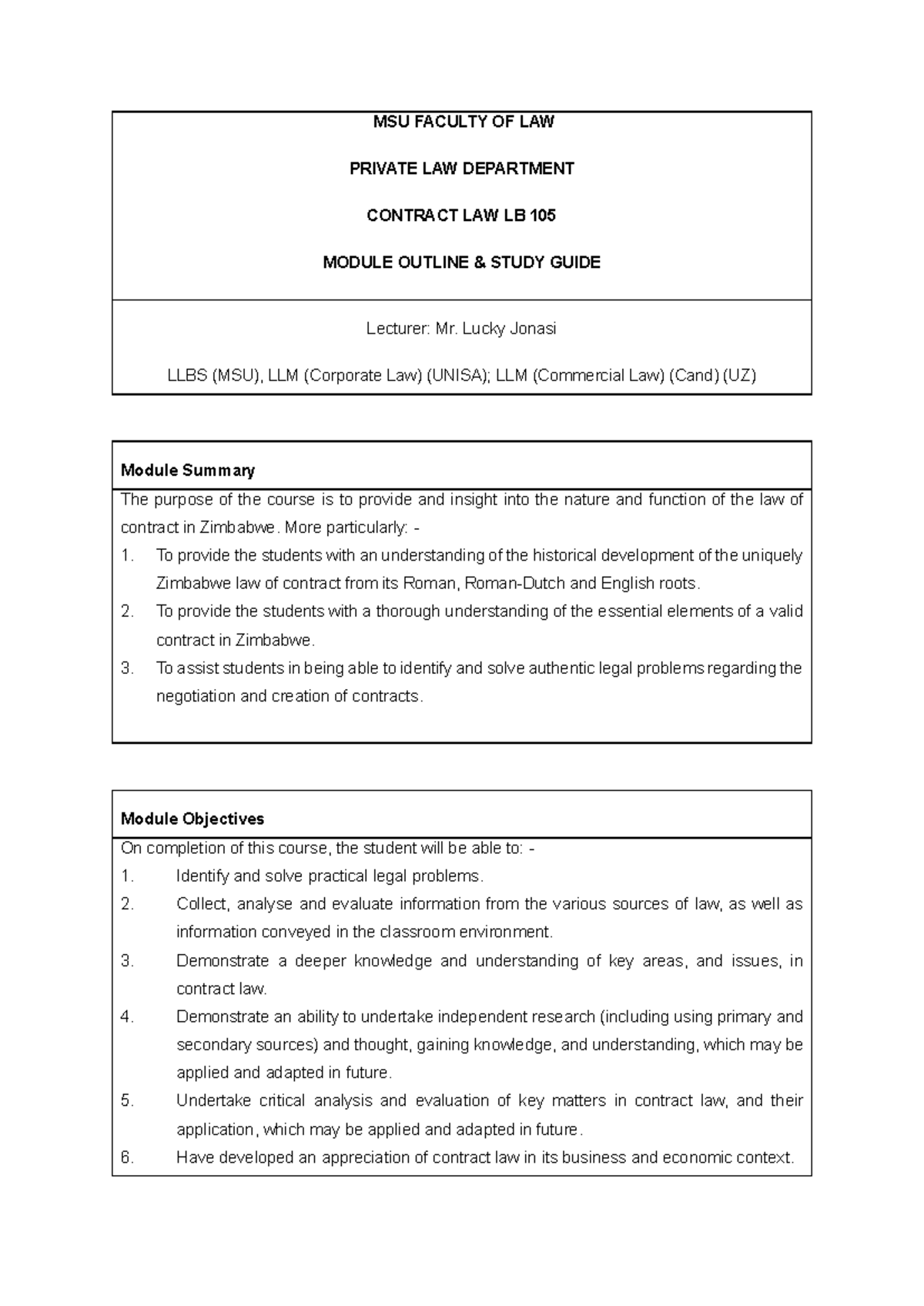 Contract Law LB305-Module Outline - MSU FACULTY OF LAW PRIVATE LAW ...