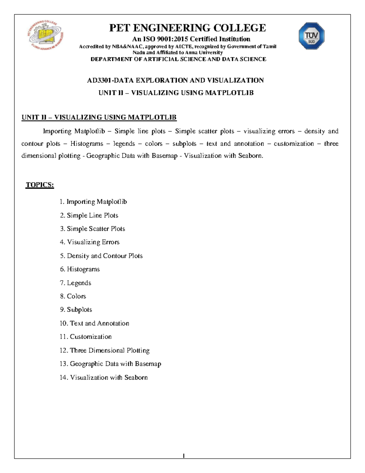 Unit II: Data Visualization Techniques with Matplotlib (AICTE) - Studocu