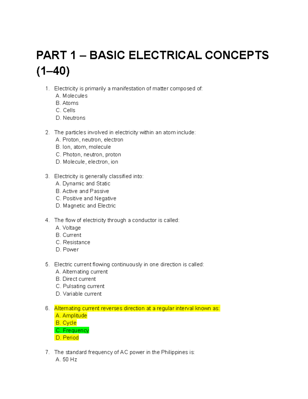 Electrical Quiz (Part 1): Basic Concepts and Principles - Studocu