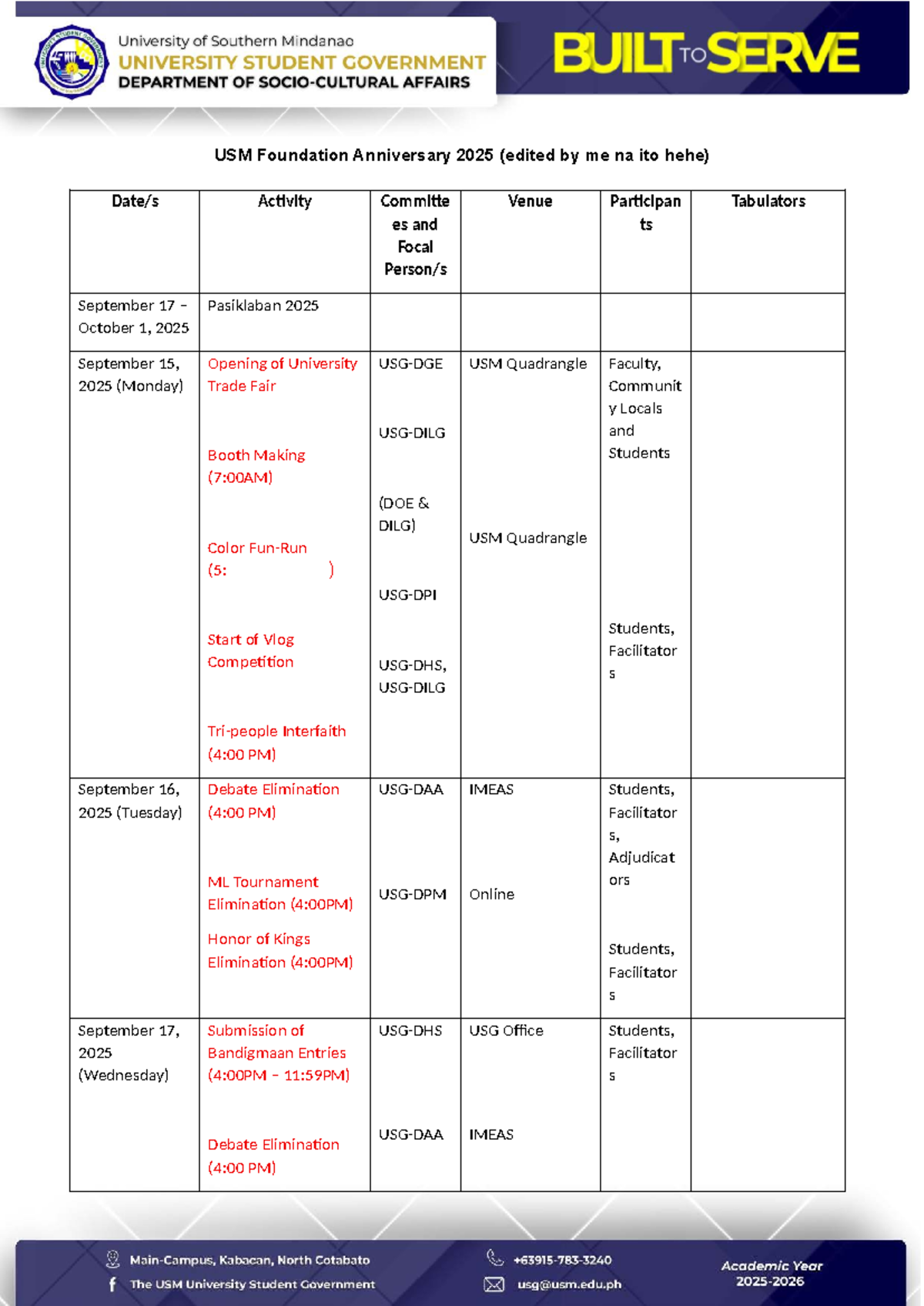 USM Foundation Anniversary 2025: Calendar of Activities - Studocu