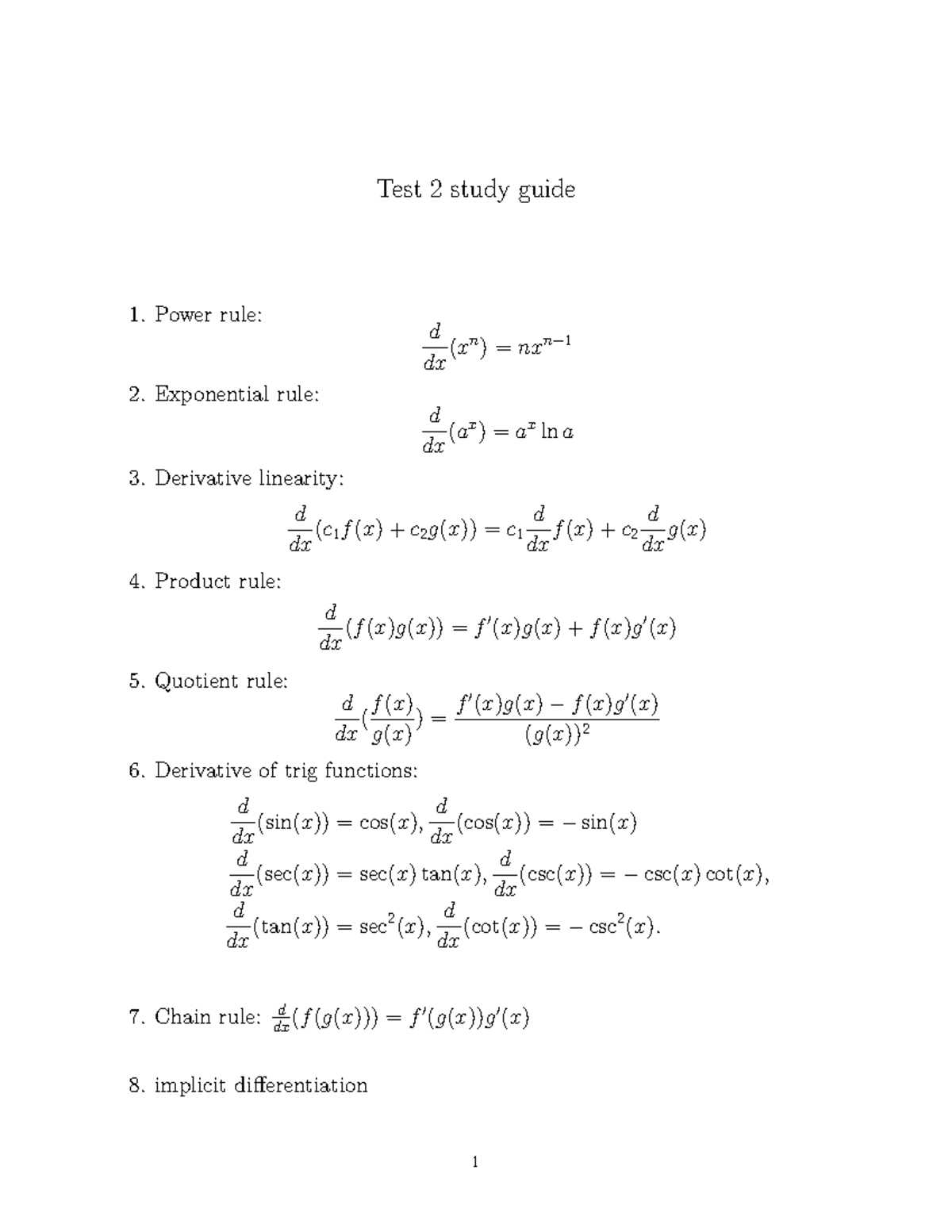 Calculus 101: Test 2 Study Guide - Key Derivative Rules - Studocu