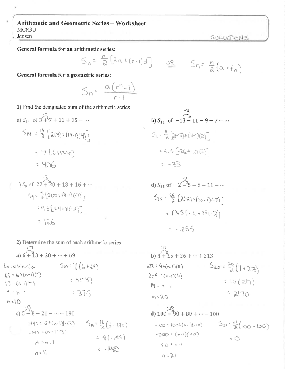 MCR3U Arithmetic & Geometric Series Worksheet Solutions - Studocu