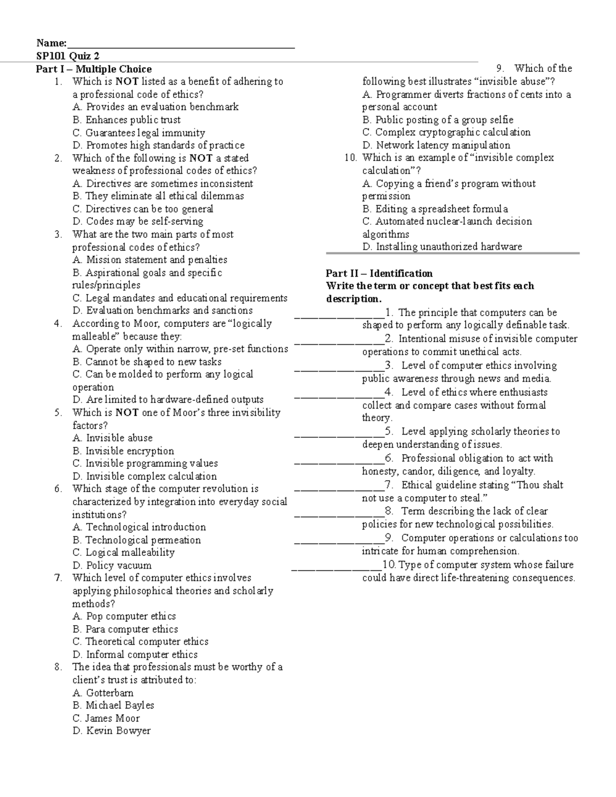 SP101 Quiz 2: Ethics in Computing and Professional Standards - Studocu
