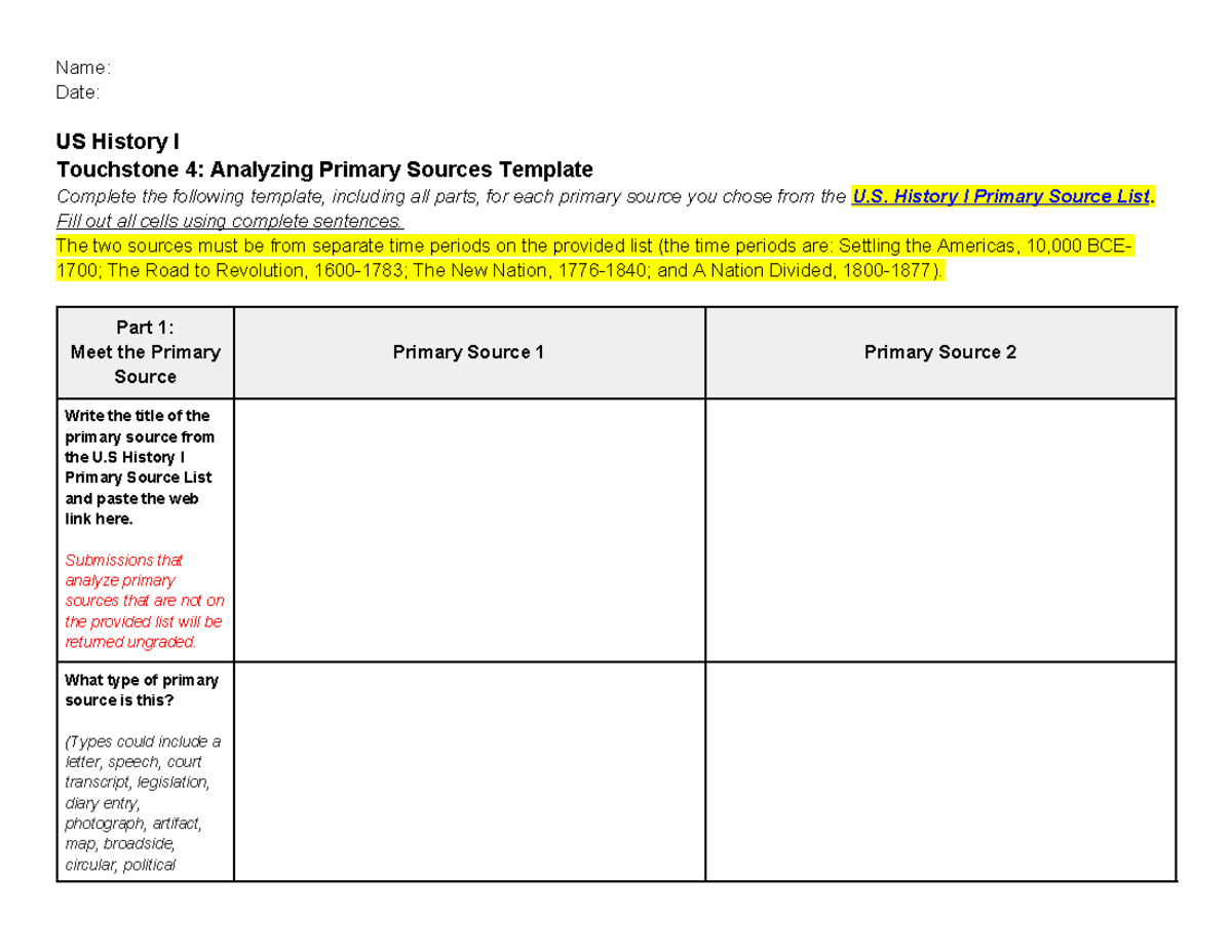US HI I Touchstone 4: Analyzing Primary Sources Template - Studocu