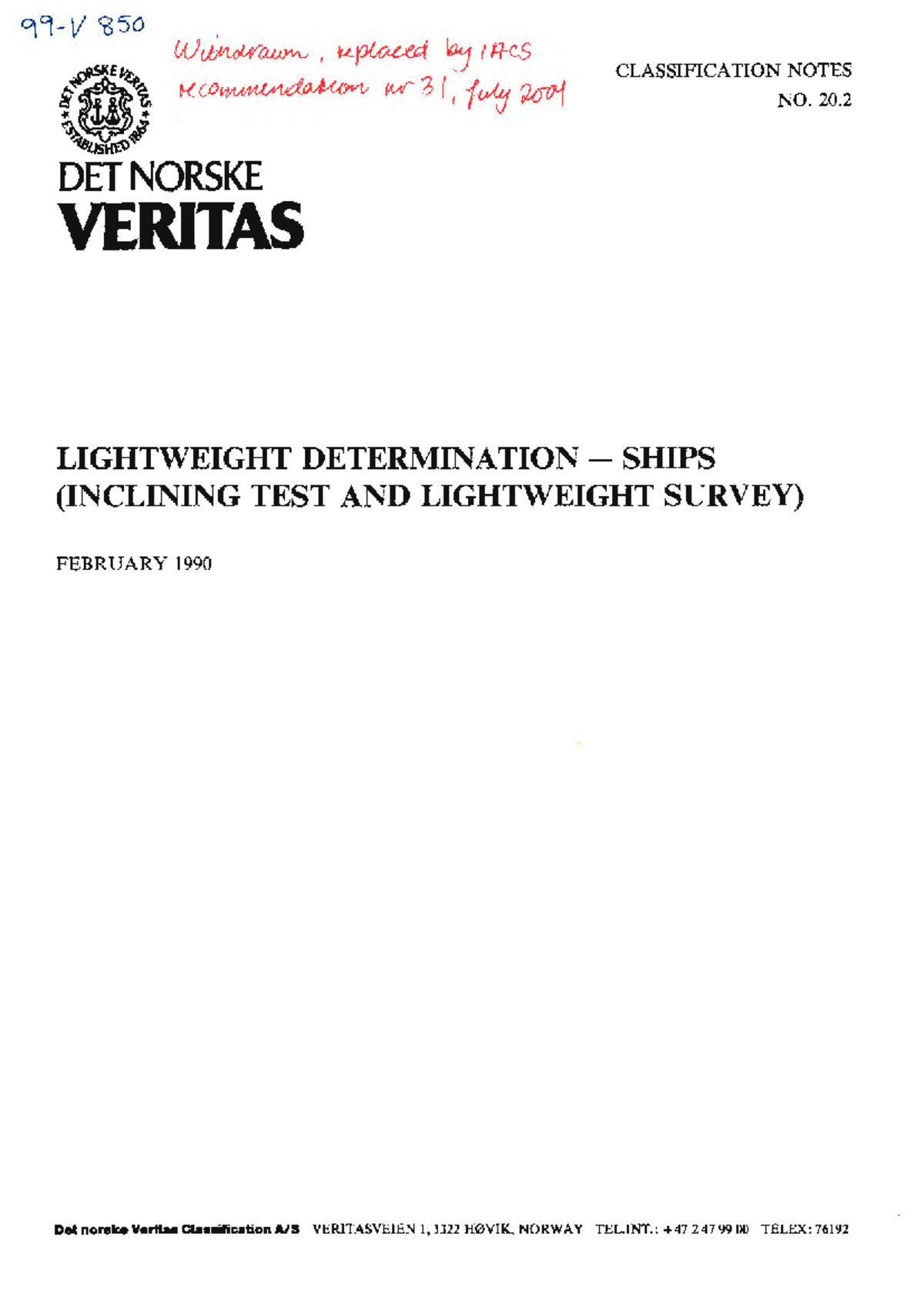 CLASSIFICATION NOTES 20.2: LIGHTWEIGHT DETERMINATION & INCLINING TEST ...