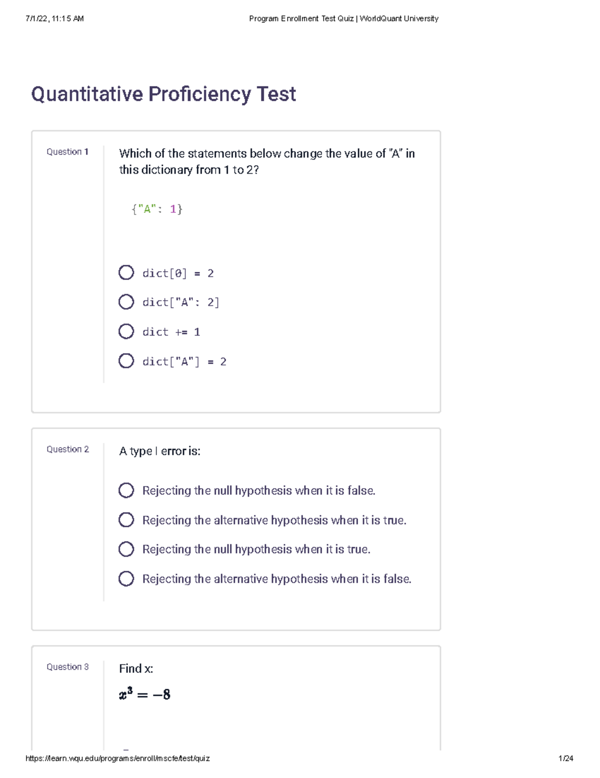 Program Enrollment Test Quiz World Quant University - Quantitative Pro ...