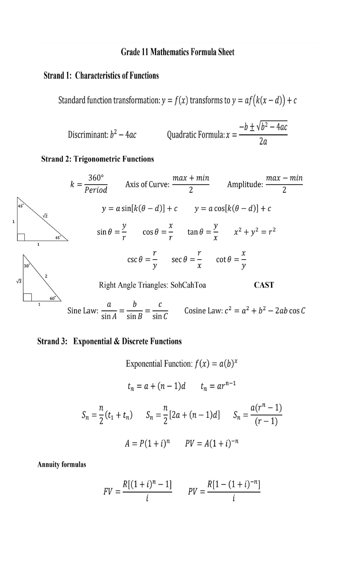 Exam Formula Sheet 2025 - Grade 11 Mathematics Formula Sheet Strand 1 ...