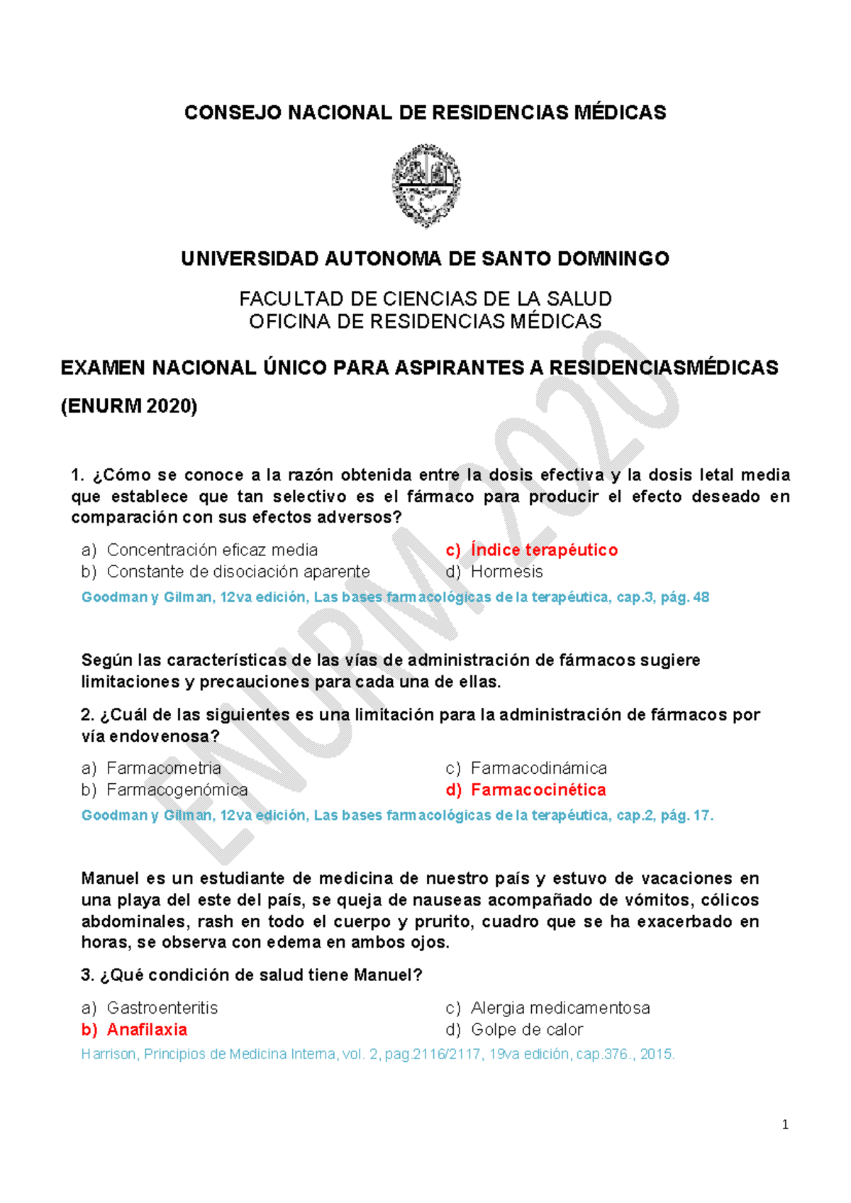 Examen Único ENURM 2020 - Residencias Médicas, Preguntas y Respuestas - Studocu
