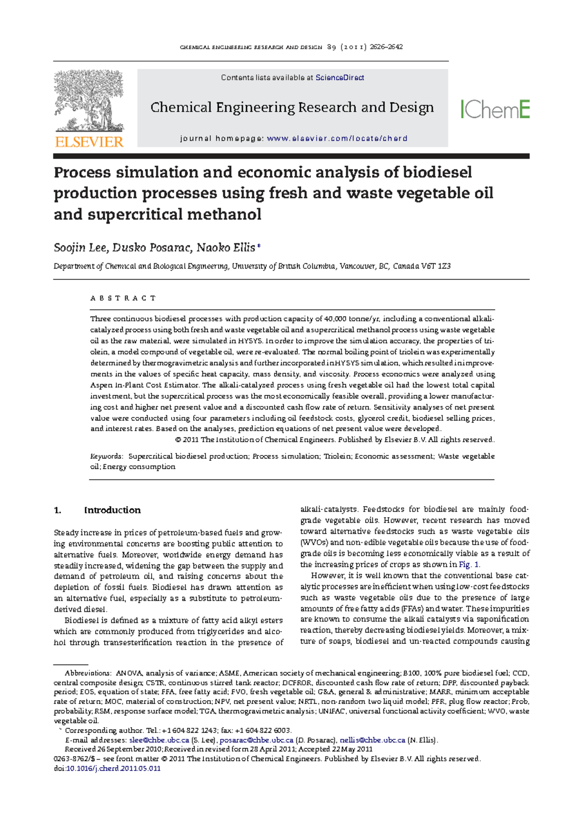 Process Simulation and Economic Analysis of Biodiesel Production (CHE ...