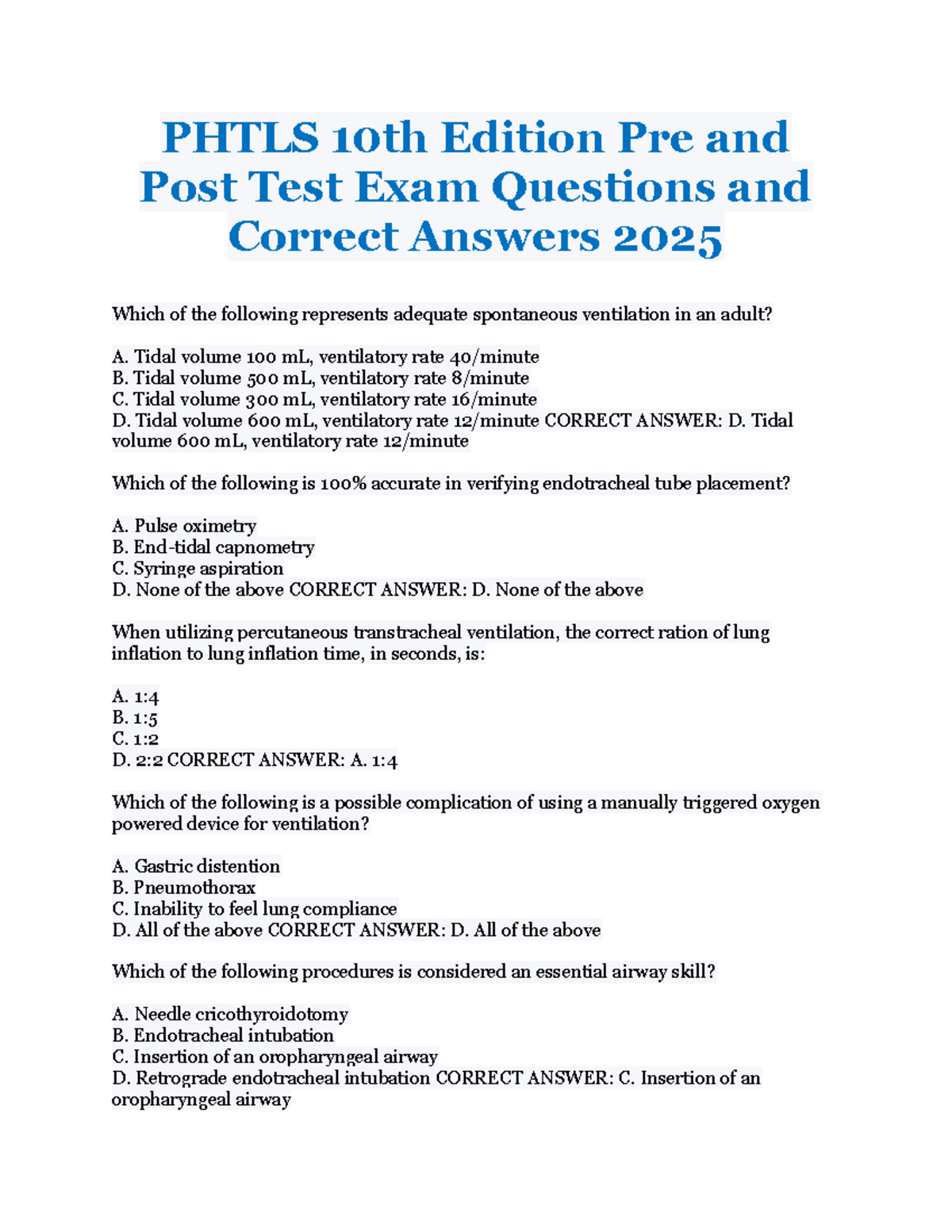 PHTLS 10th Edition Pre/Post Test Exam Questions & Correct Answers 2025 ...