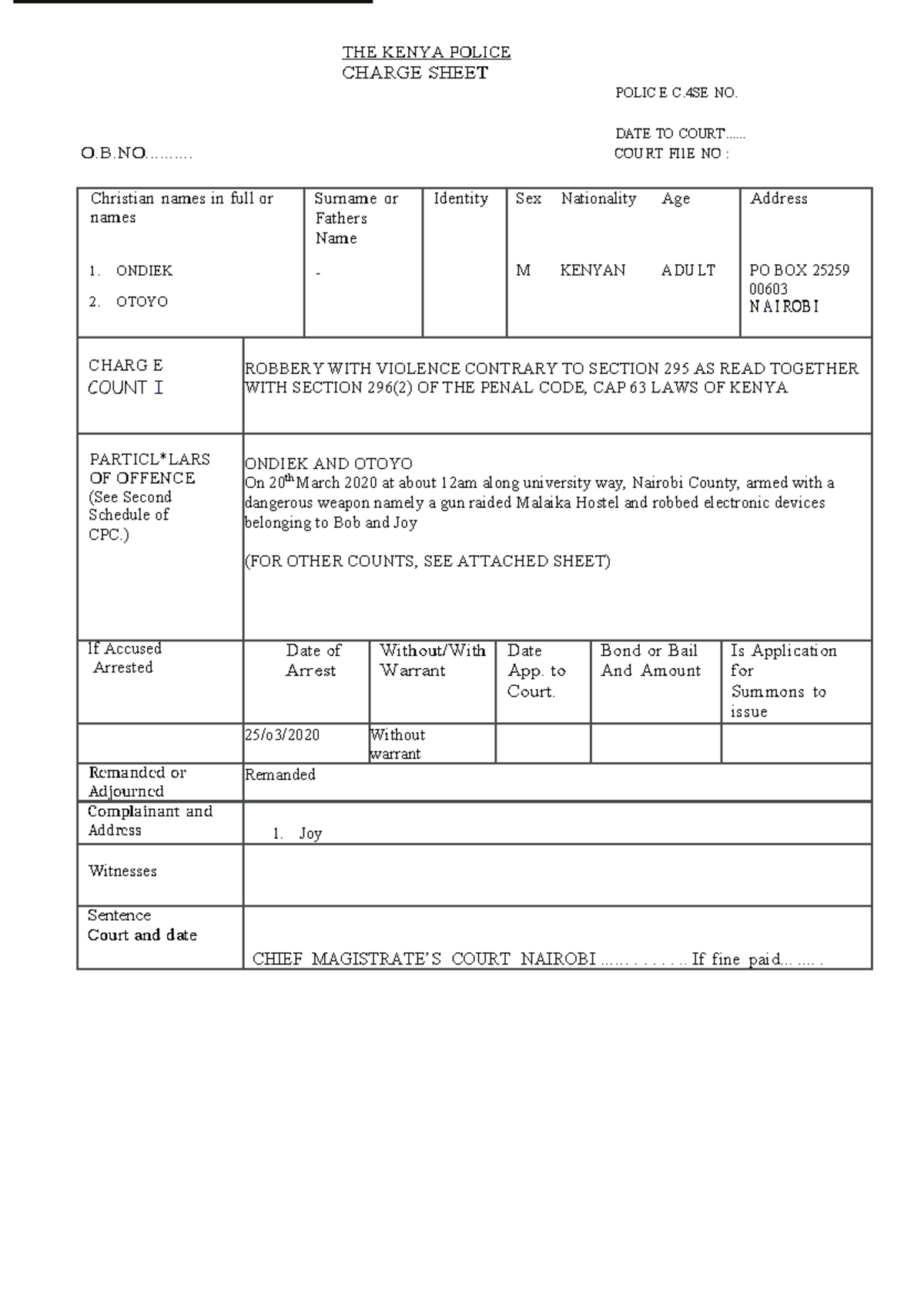 Kenya Police Charge Sheet Sample - Case No. C.4SE - Robbery with ...